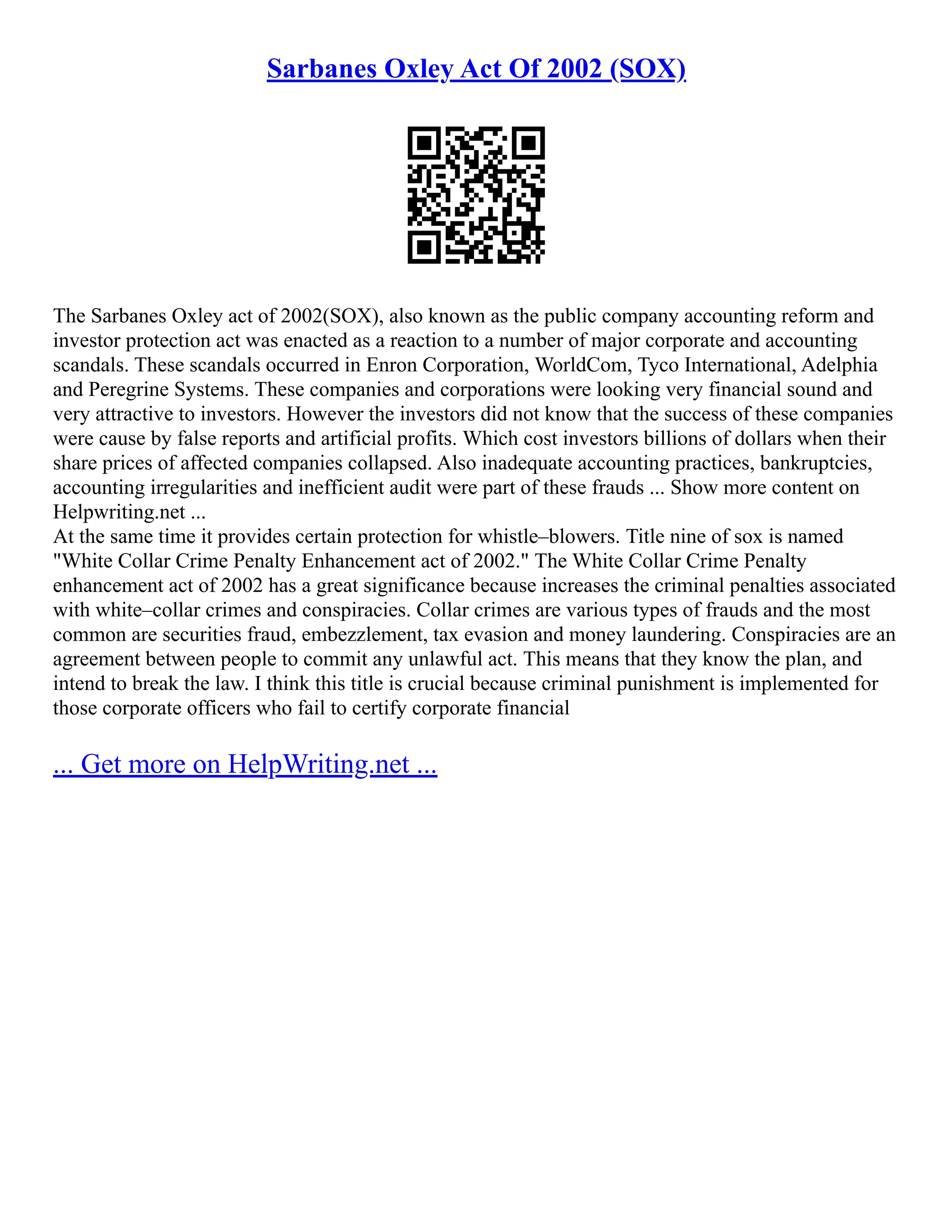 Sarbanes Oxley Act Of 2002 (SOX) | PDF