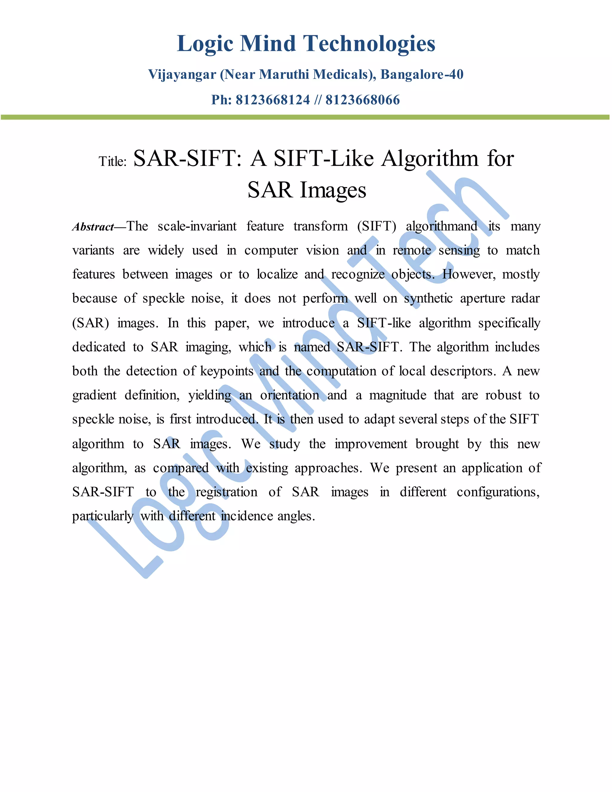 Sar sift a sift like algorithm for sar images | PDF