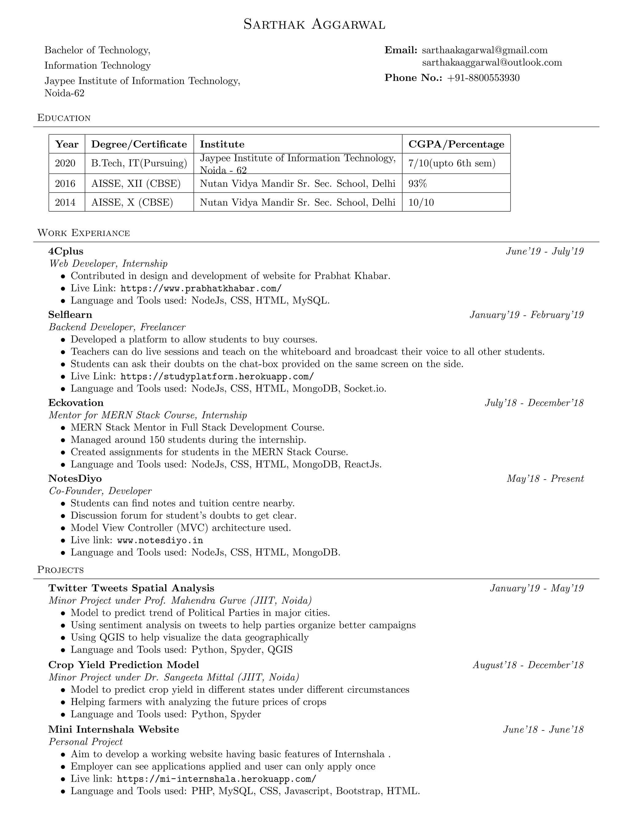 Sarthak Resume | PDF | Web Development | Internet