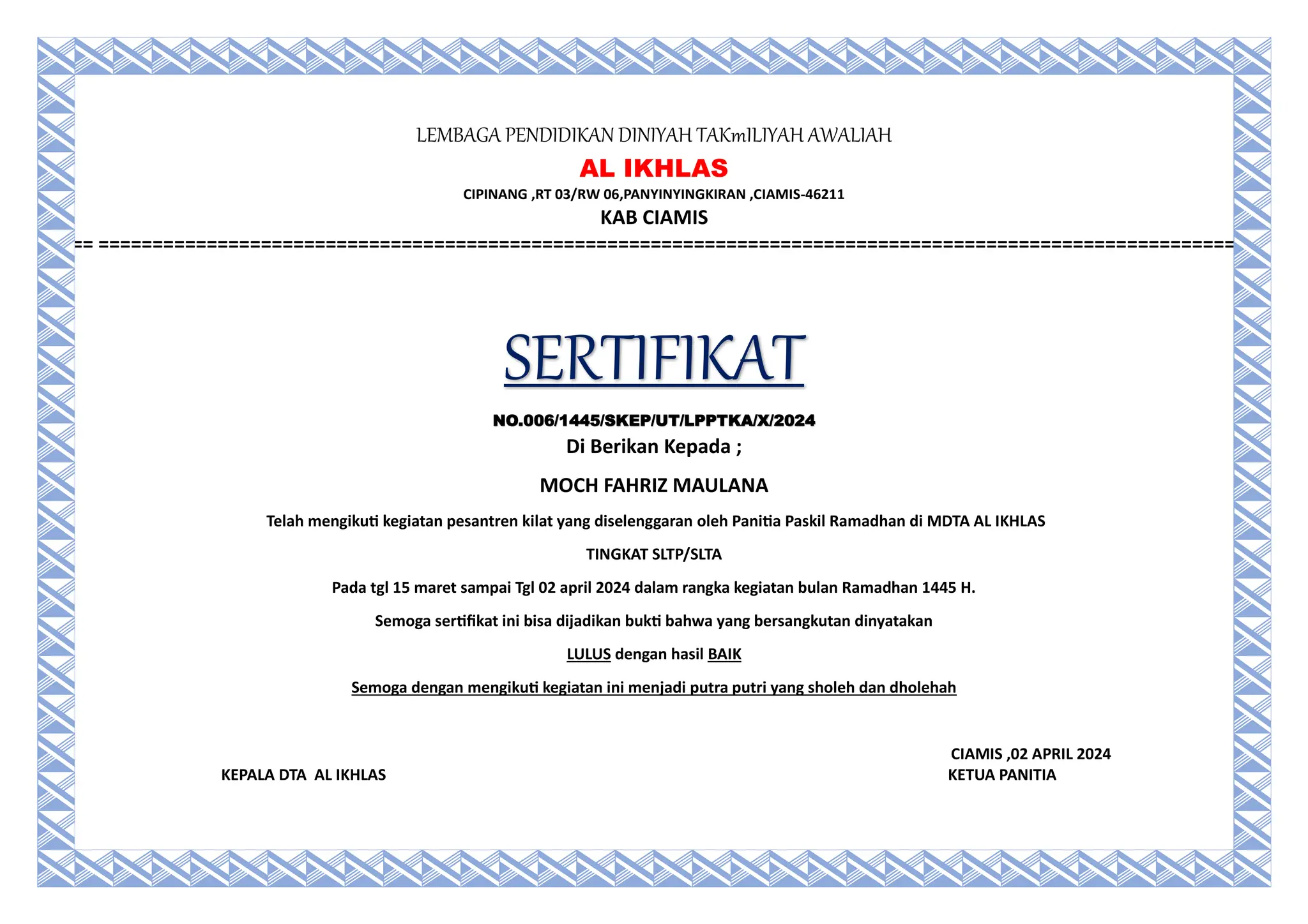 SARTIFIKAT DIKLAT 2024.docx sertifikat diniyah | DOCX