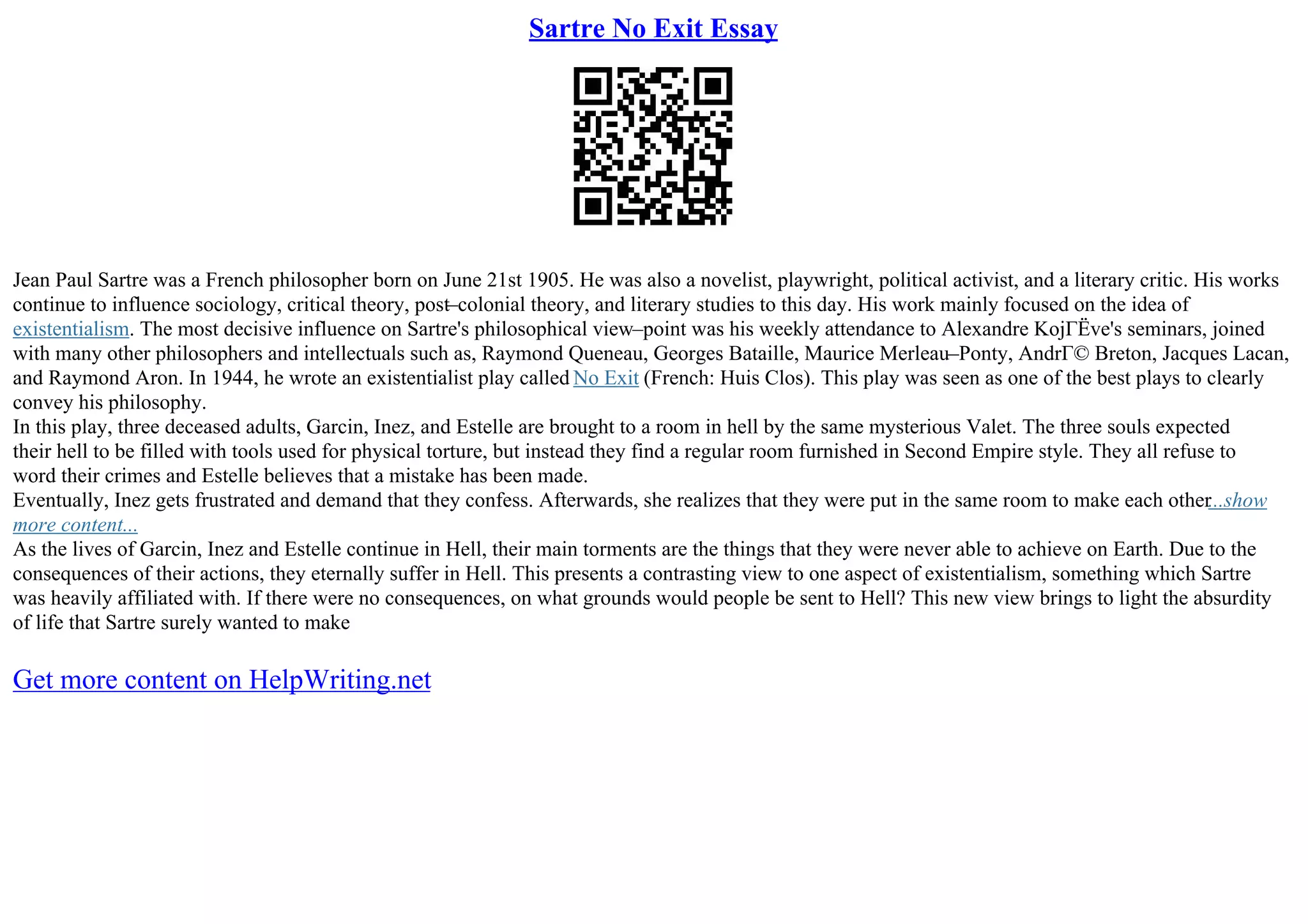 Sartre No Exit Essay | PDF