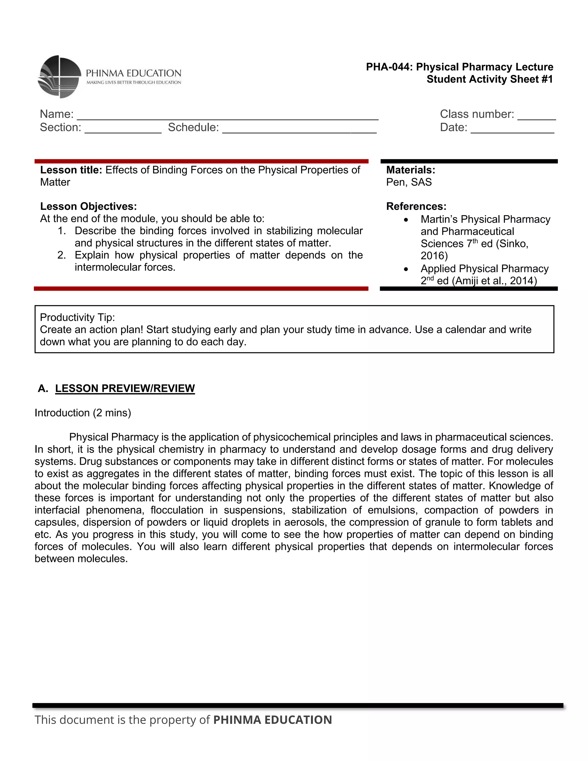 SAS1 - Physical Pharmacy (Effects of Binding Forces on the Physical Properties of Matter).pdf