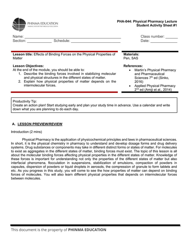 SAS1 - Physical Pharmacy (Effects of Binding Forces on the Physical ...