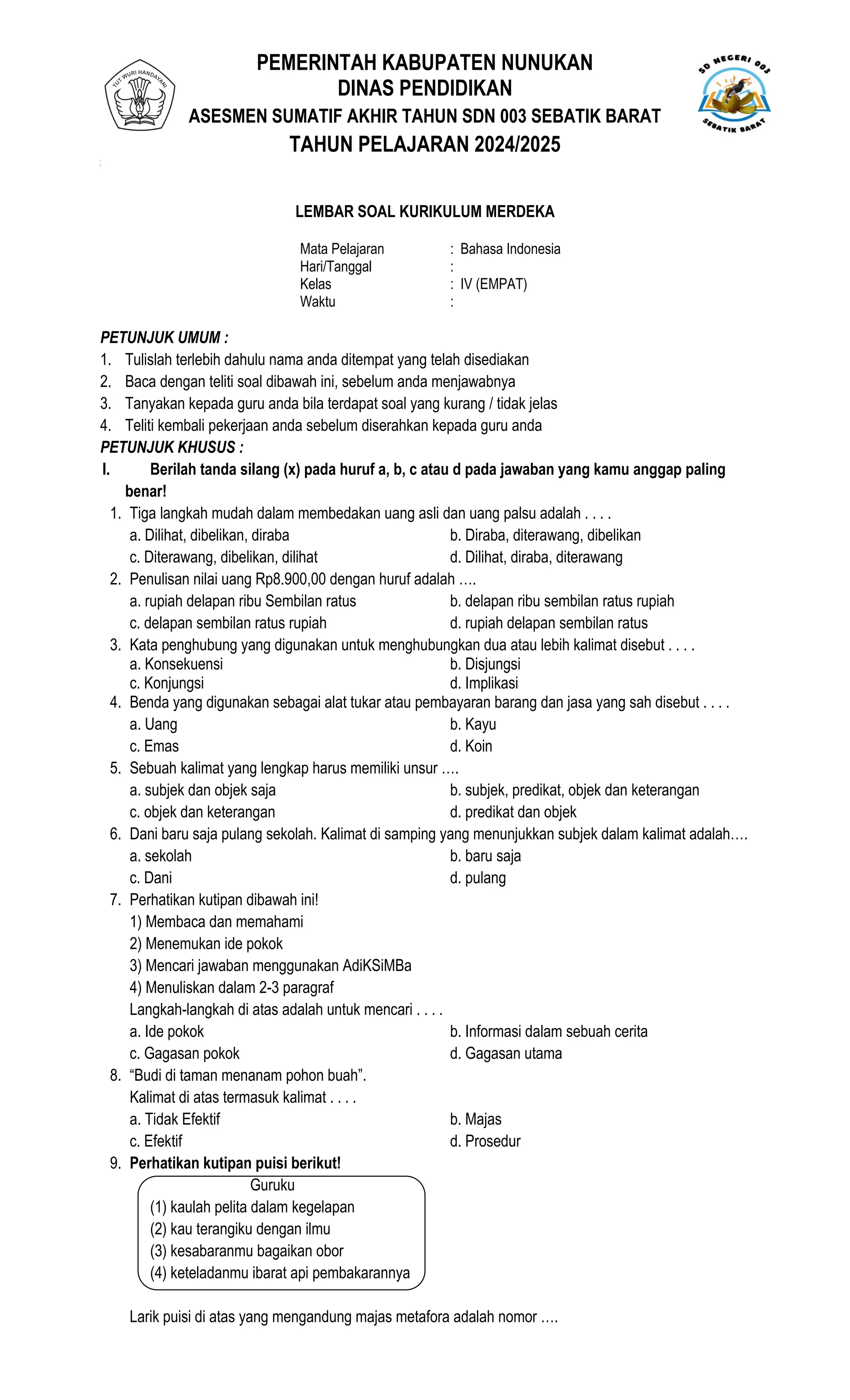 SAS 2 Kelas IV - Bhs Indonesia.doc soal ulangan asmeseter akhir kelas 4 | PDF