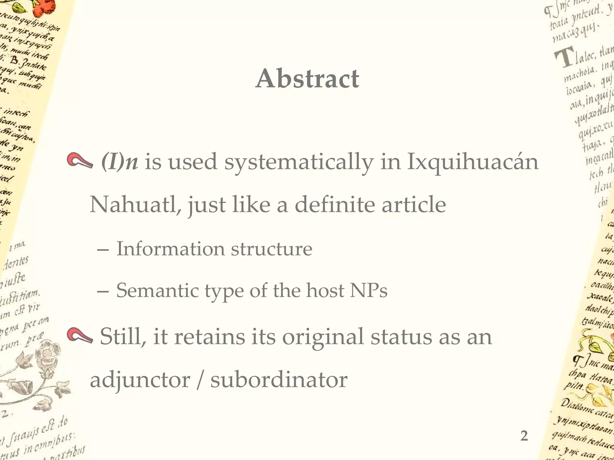 The particle IN today: its use and function in Ixquihuacán Nahuatl | PDF