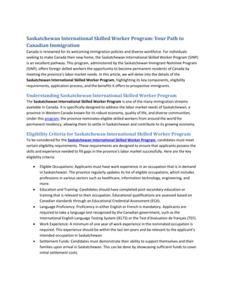 Saskatchewan International Skilled Worker Program Your Path to Canadian ...
