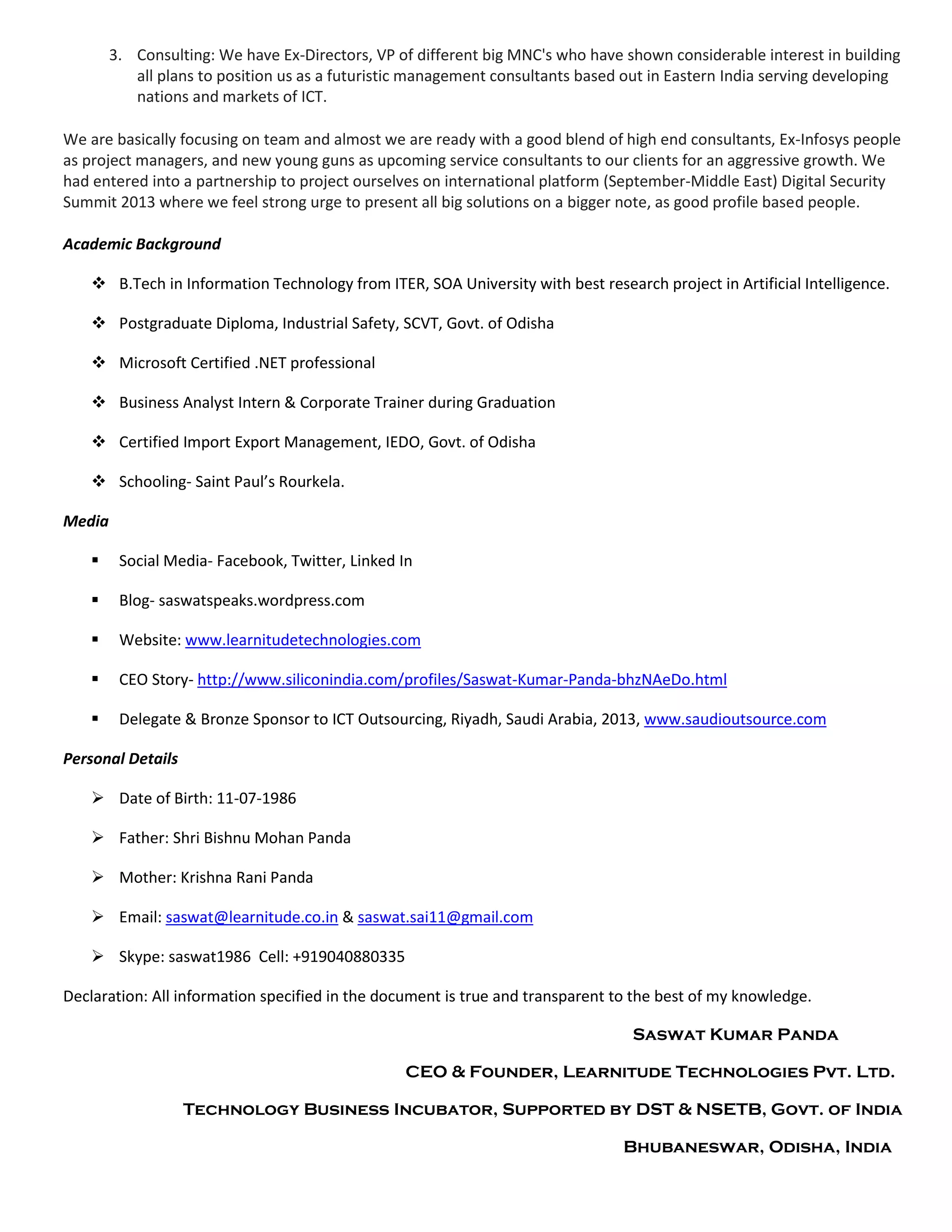 Professional Summary- Saswat Kumar Panda, CEO & Founder, Learnitude Technologies Pvt. Ltd. | PDF