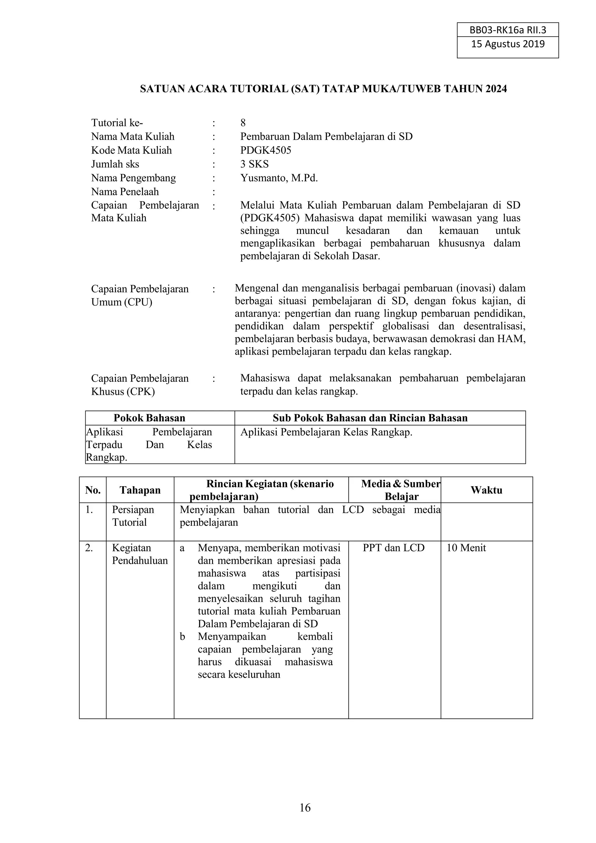 Satuan Acara Tutorial Mata Kuliah Pembaruan | DOCX