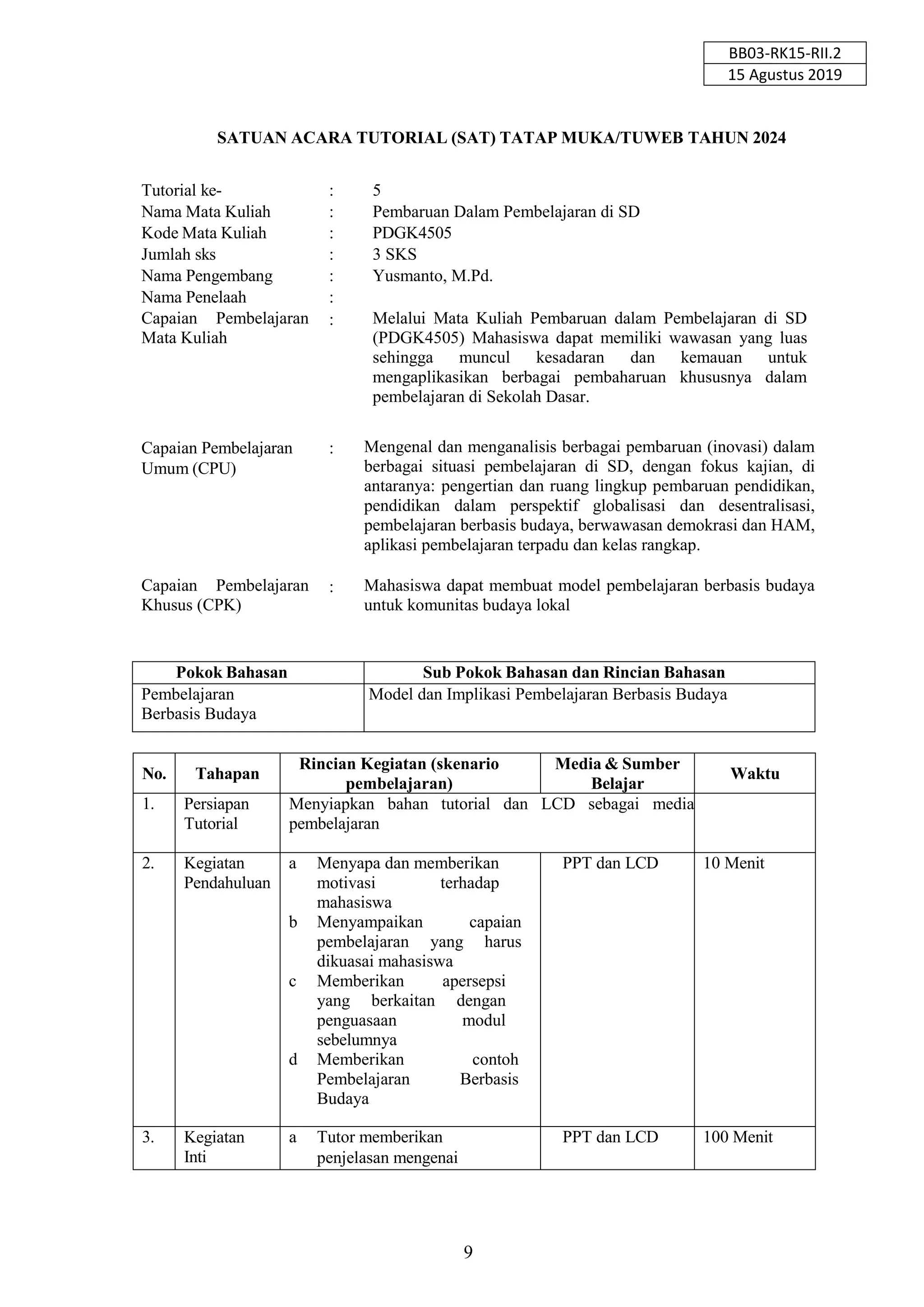 Satuan Acara Tutorial Mata Kuliah Pembaruan | DOCX