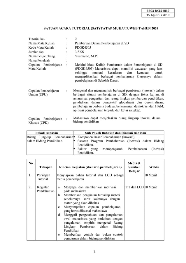 Satuan Acara Tutorial Mata Kuliah Pembaruan | PDF