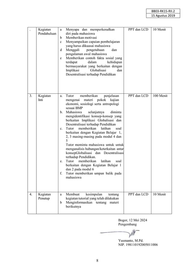 Satuan Acara Tutorial Mata Kuliah Pembaruan | PDF