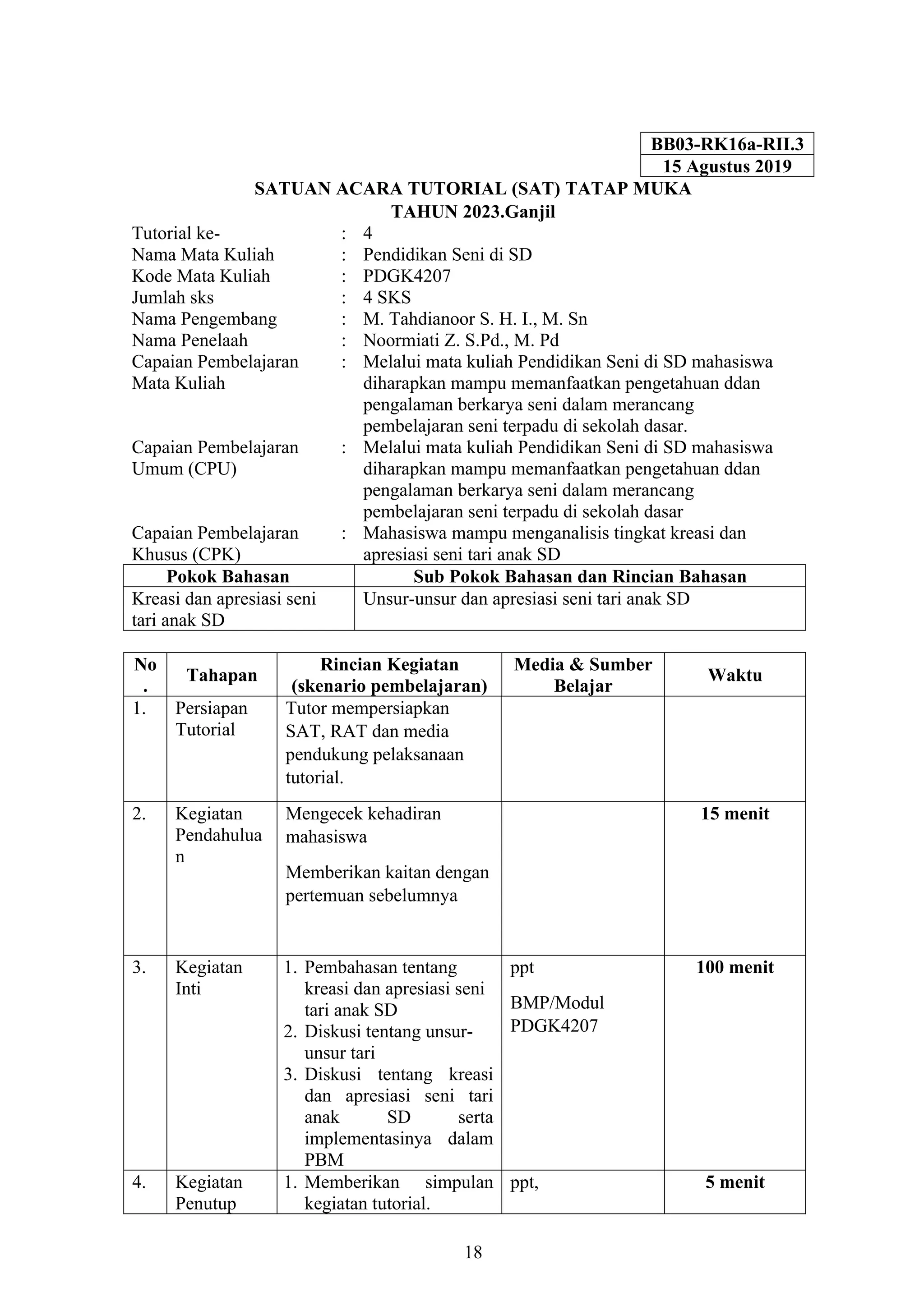 SAT-RAT. Pendidikan Seni di Sekolah Dasar (SD)docx | DOCX