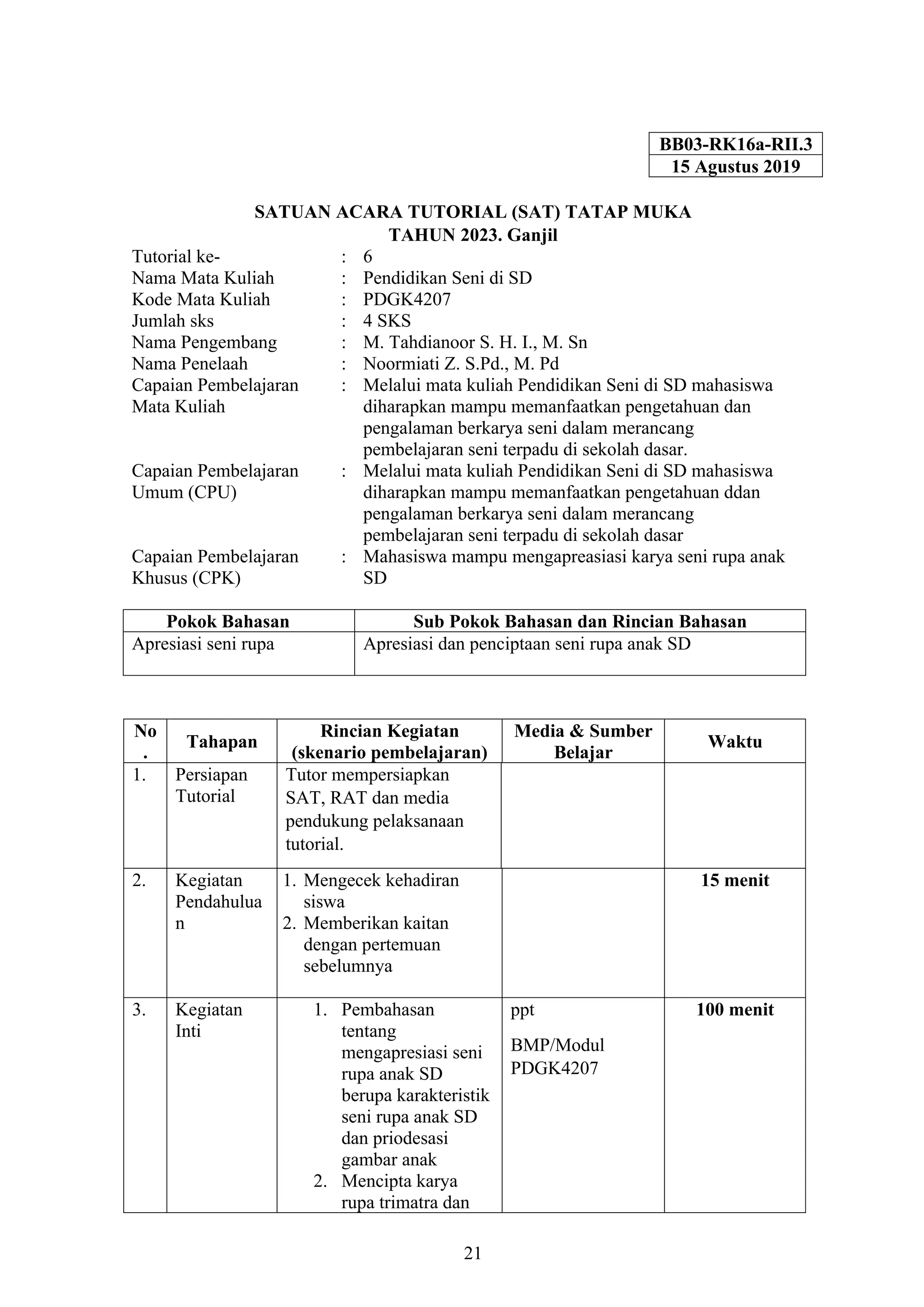 SAT-RAT. Pendidikan Seni di Sekolah Dasar (SD)docx | DOCX
