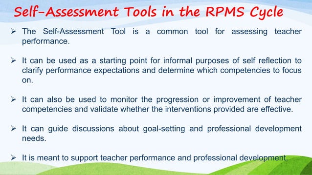 Self Assessment Tool in the RPMS | PPTX | Educational Assessment ...