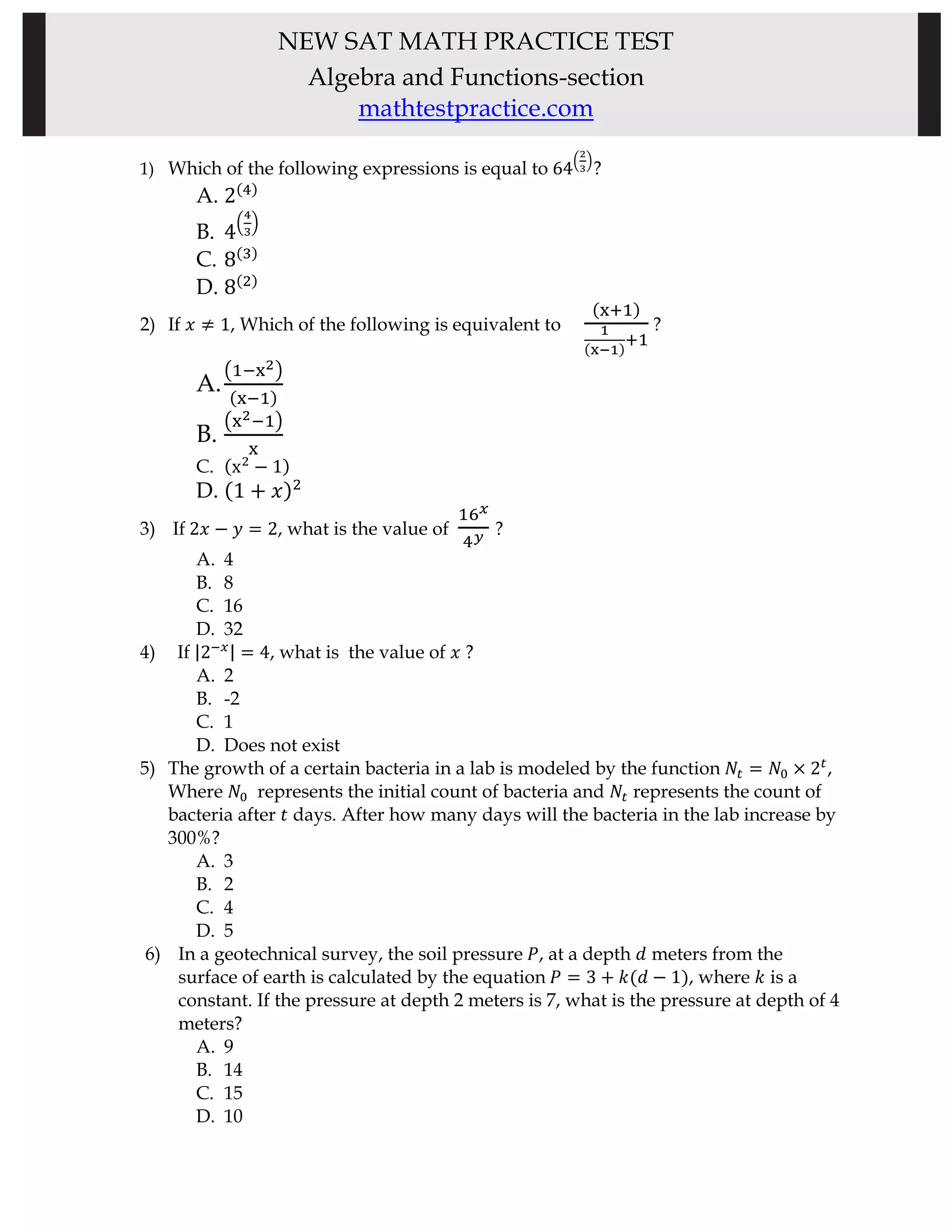 New Sat Math Practice Test Algebra And Functions Pdf