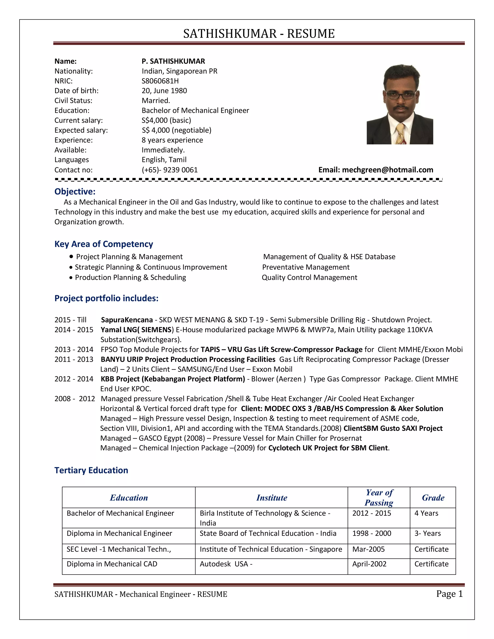 Sathishkumar mechanical engineer - 2016 | PDF