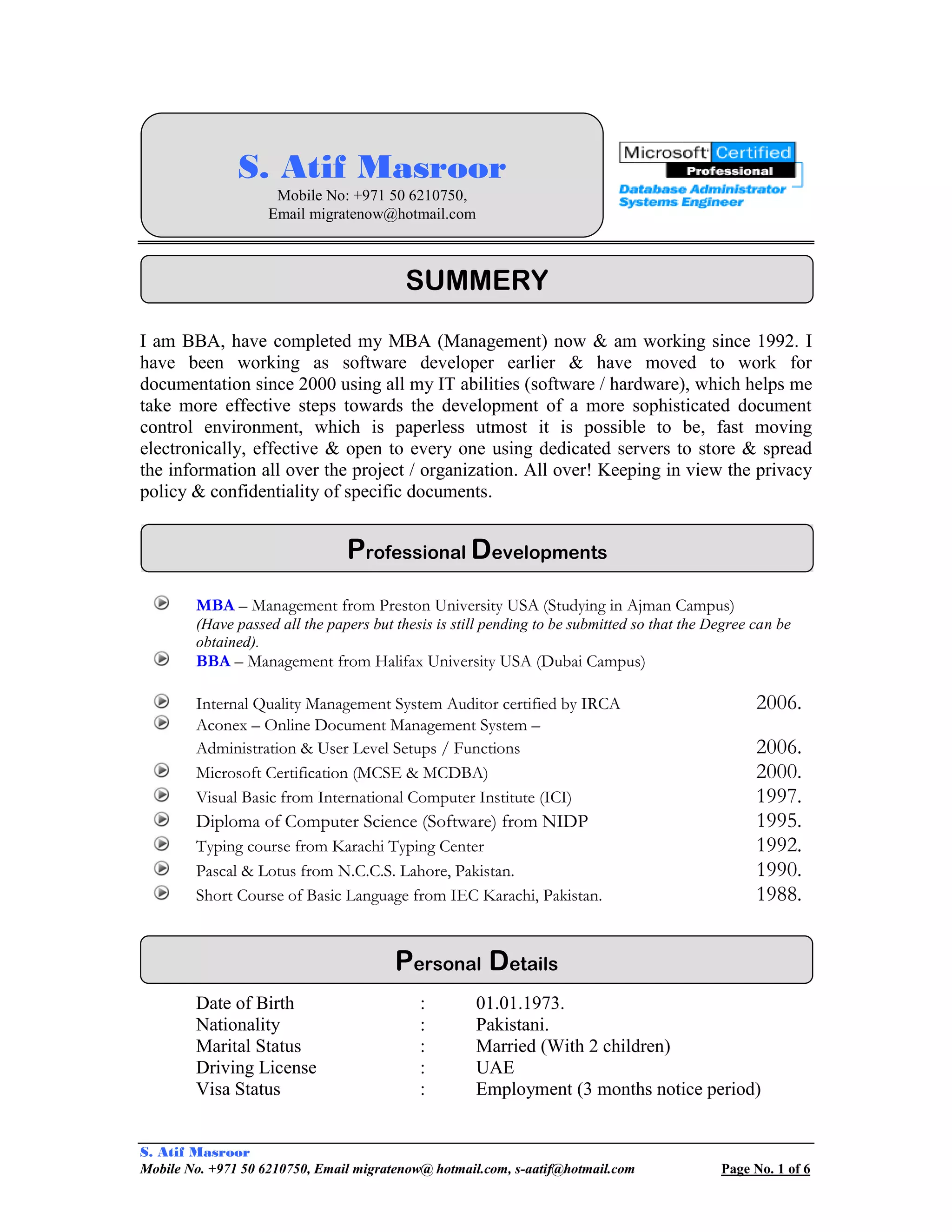 CV - S Atif Masroor - Document Control Manager / Specialist | PDF