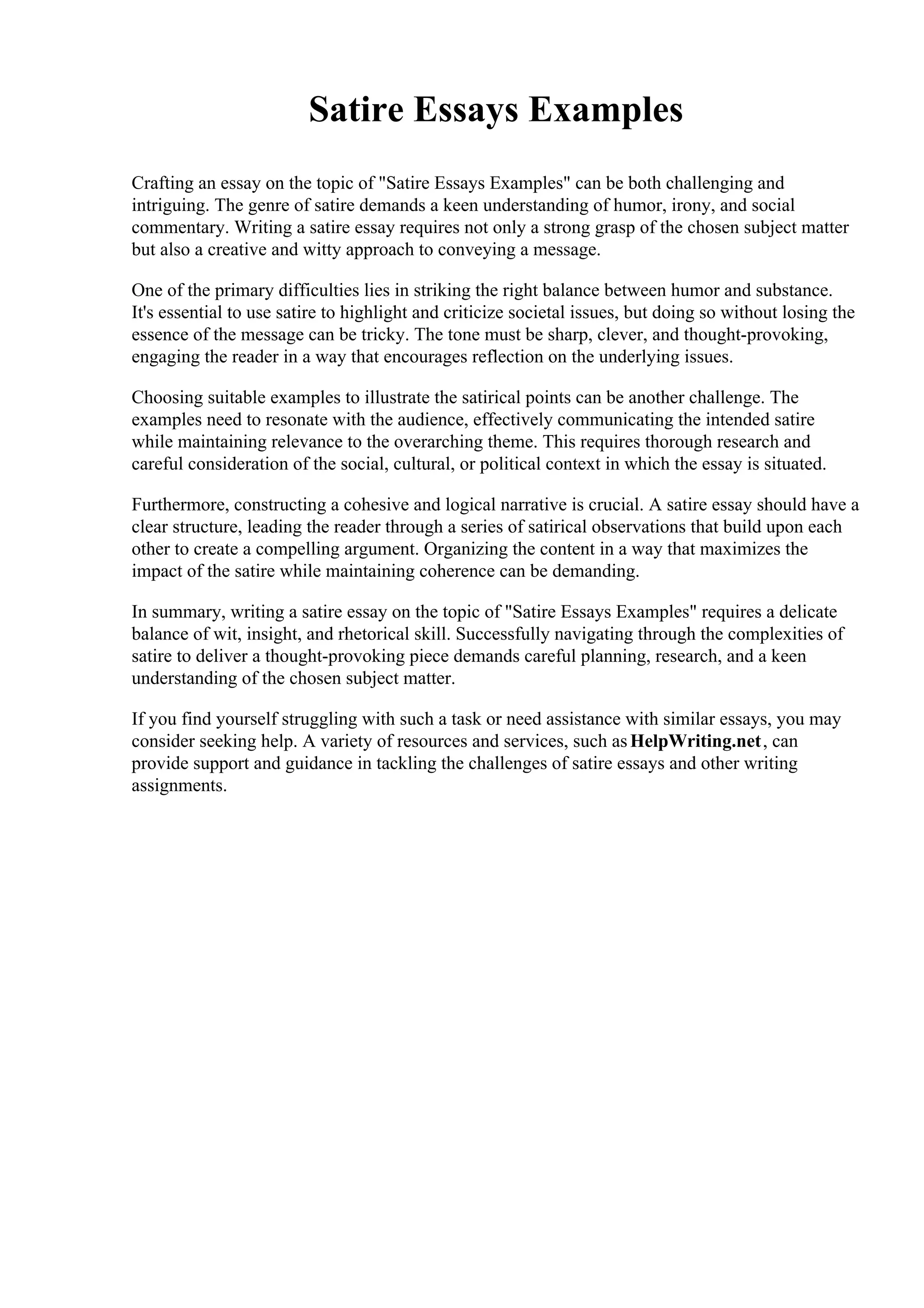 Satire Essays Examples. The Pennsylvania State University | PDF | Humor ...