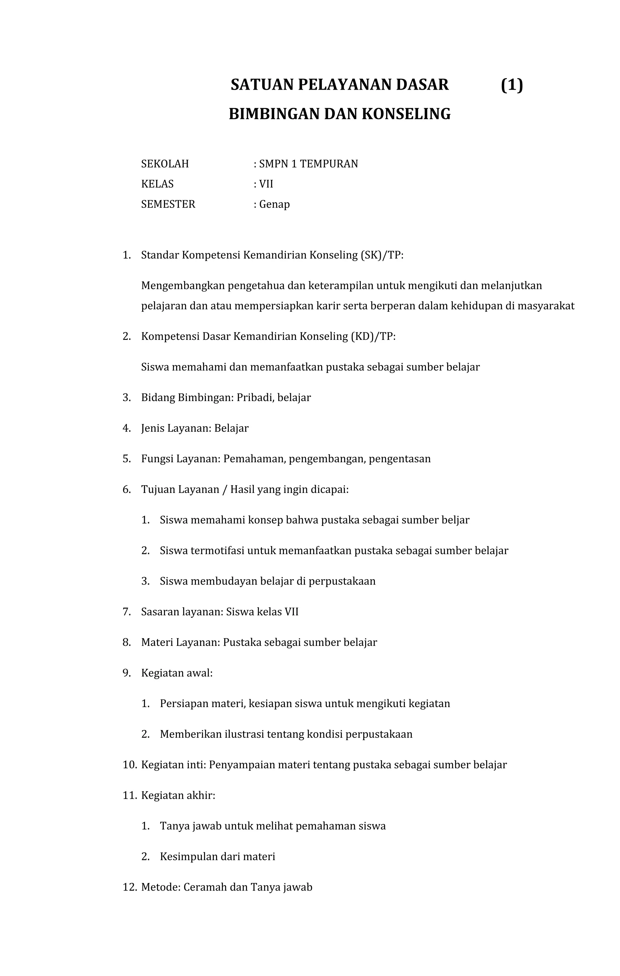 Satuan layanan bk kelas vii smp | PDF