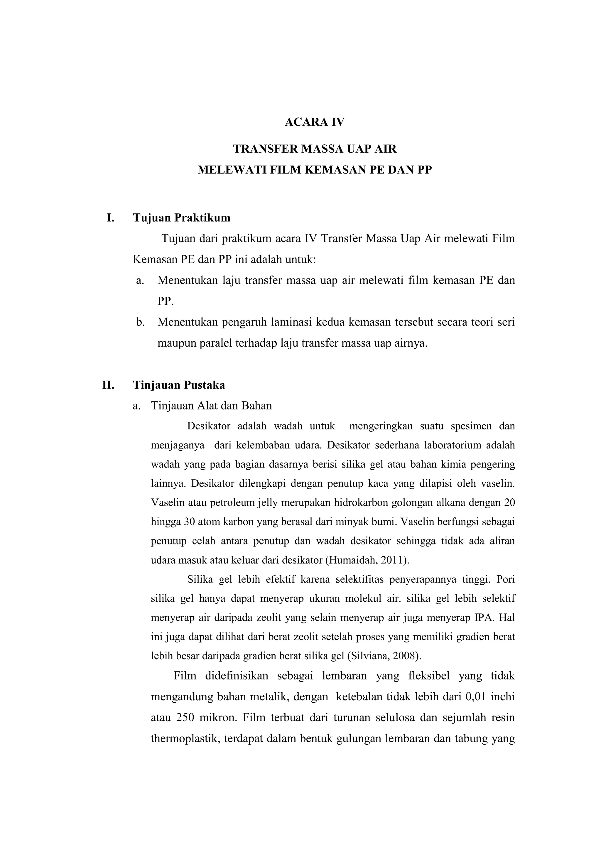 ITP UNS SEMESTER 2 Satop acara 4 Transfer Massa Uap Air Melewati Film Kemasan PE dan PP | DOCX