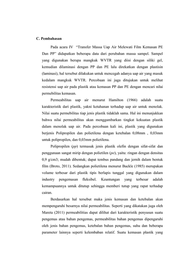 ITP UNS SEMESTER 2 Satop acara 4 Transfer Massa Uap Air Melewati Film Kemasan PE dan PP | DOCX