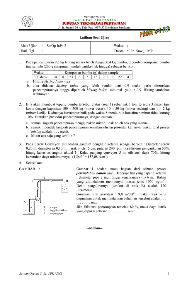 ITP UNS Semester 3, Satuan Operasi 2: mix mh, latihan soal(1) | PDF