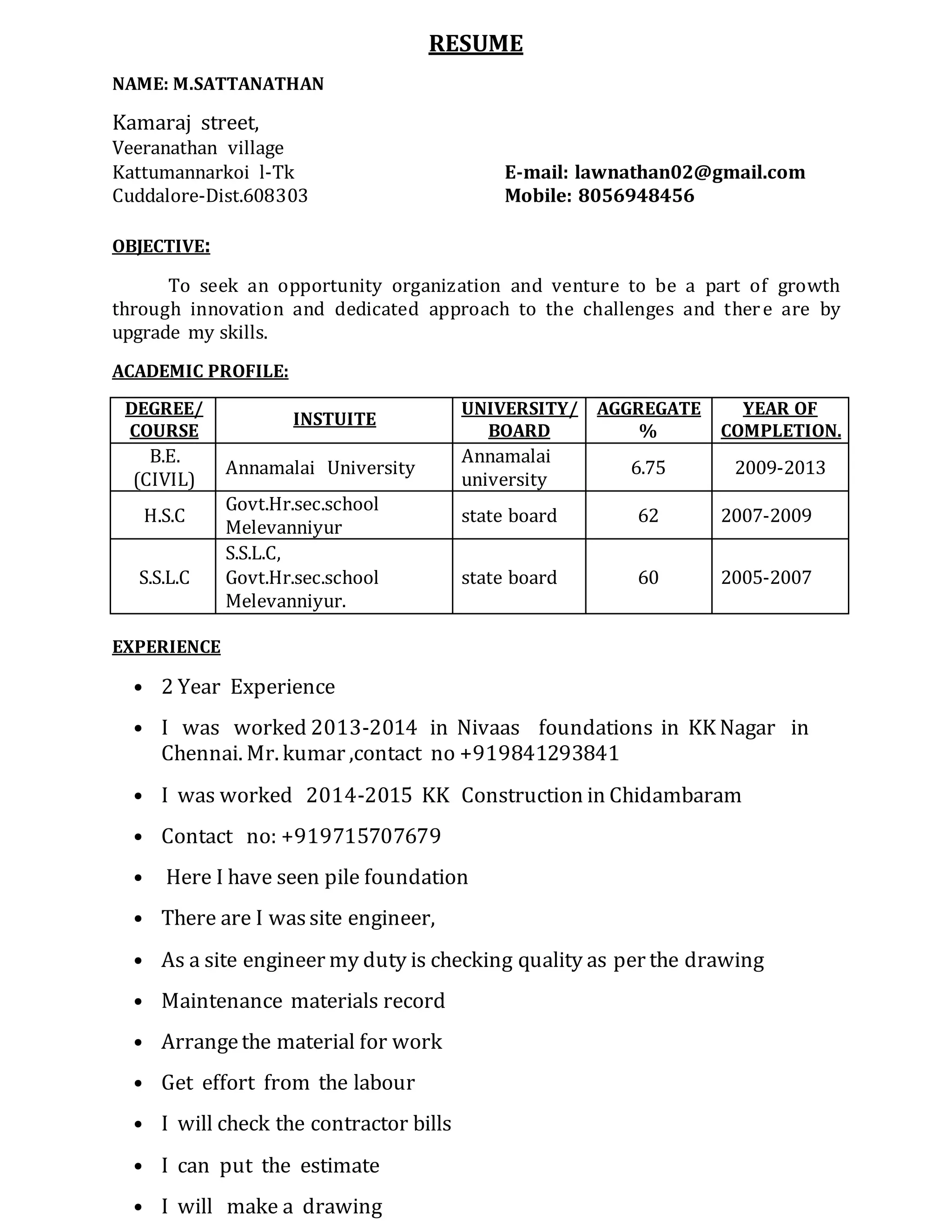 Sattanathan resume 2015 | DOCX