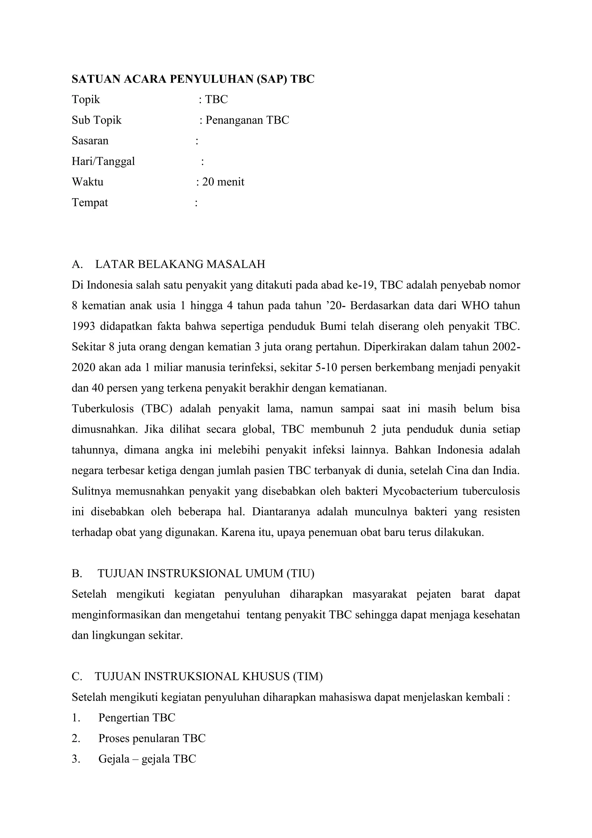 Satuan acara penyuluha penanganan tbc | DOCX