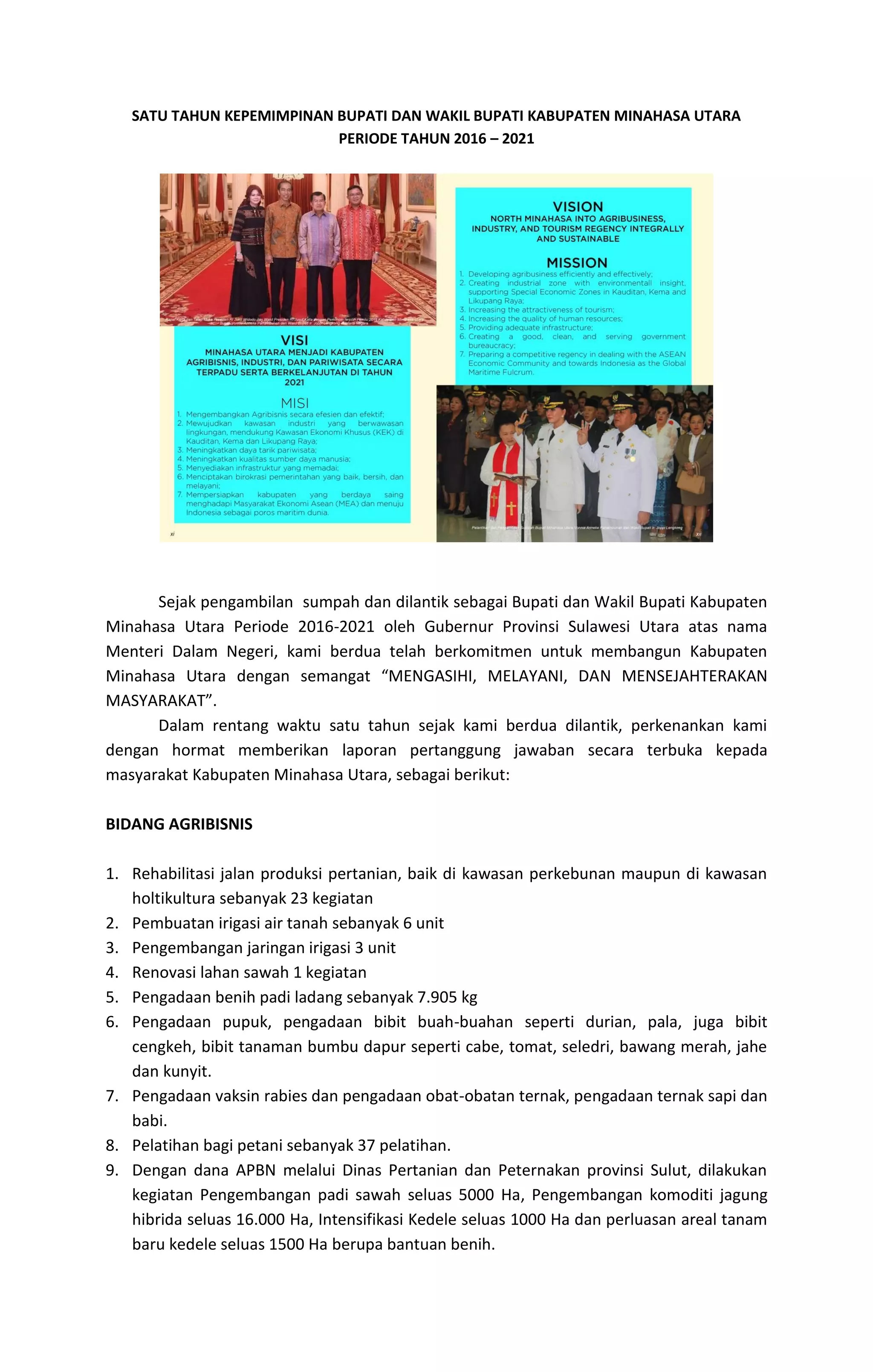 Satuh Tahun kepemimpinan bupati dan wakil bupati kabupaten minahasa ...