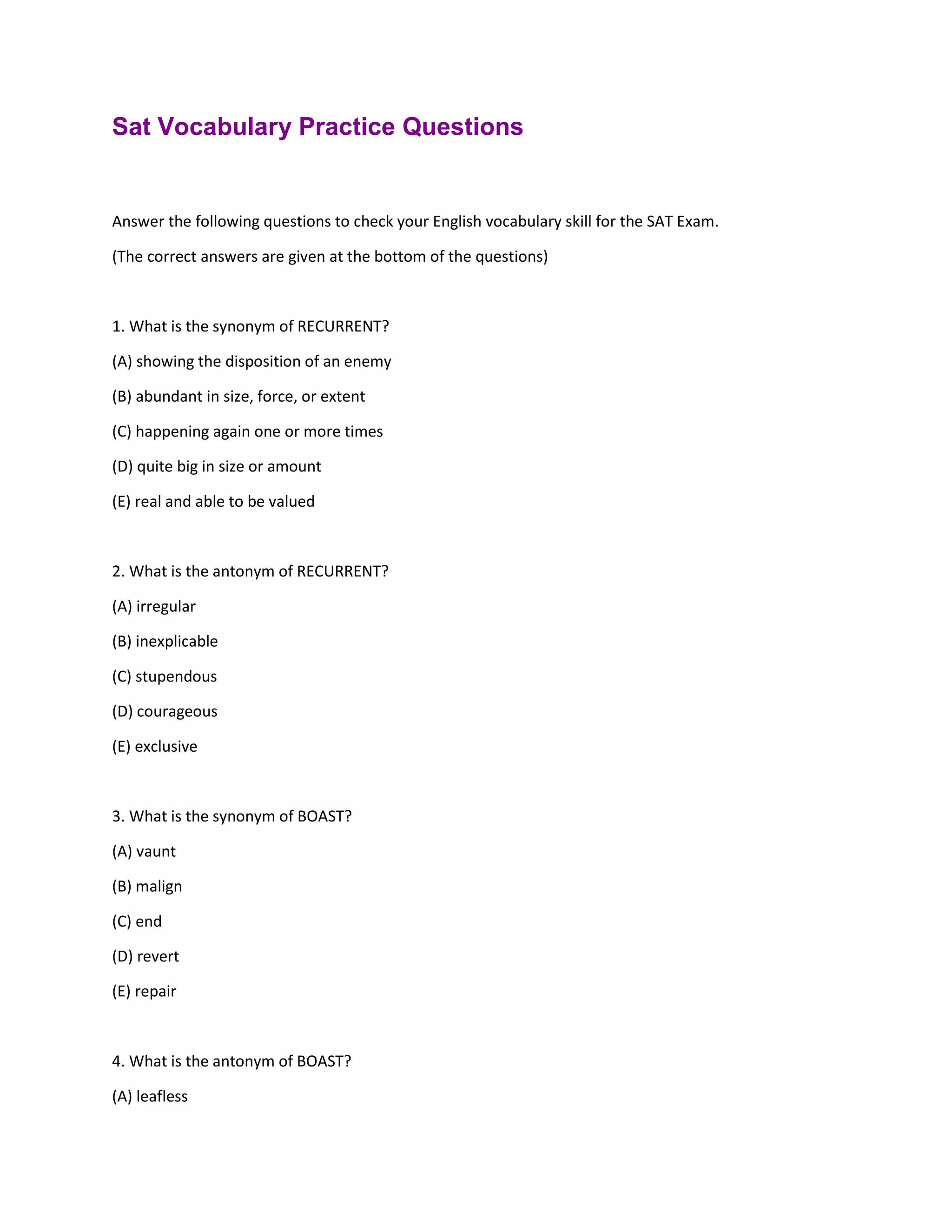 Sat Vocabulary Practice Questions | PDF
