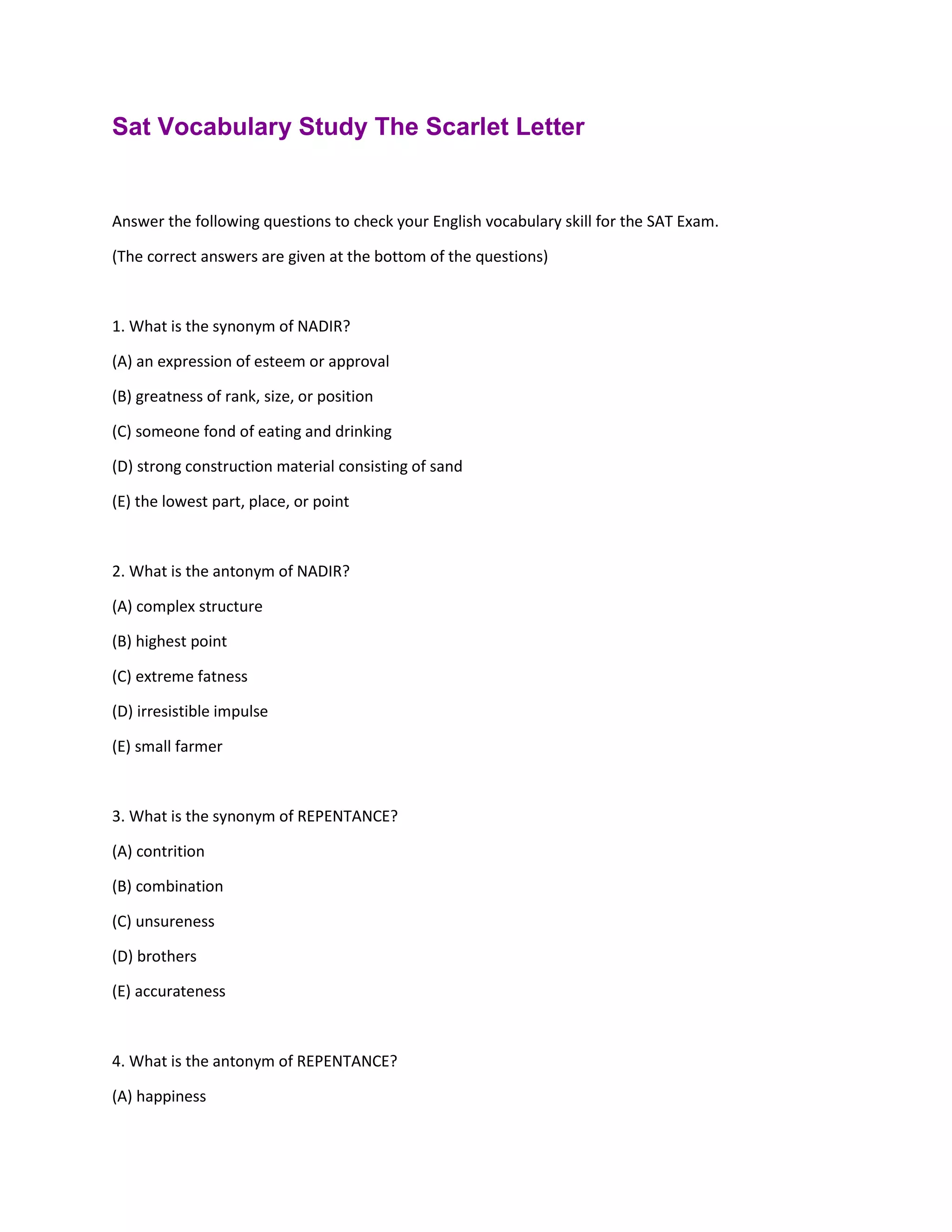 Sat Vocabulary Study The Scarlet Letter | PDF