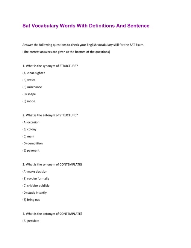 Sat Vocabulary Words With Definitions And Sentence | PDF