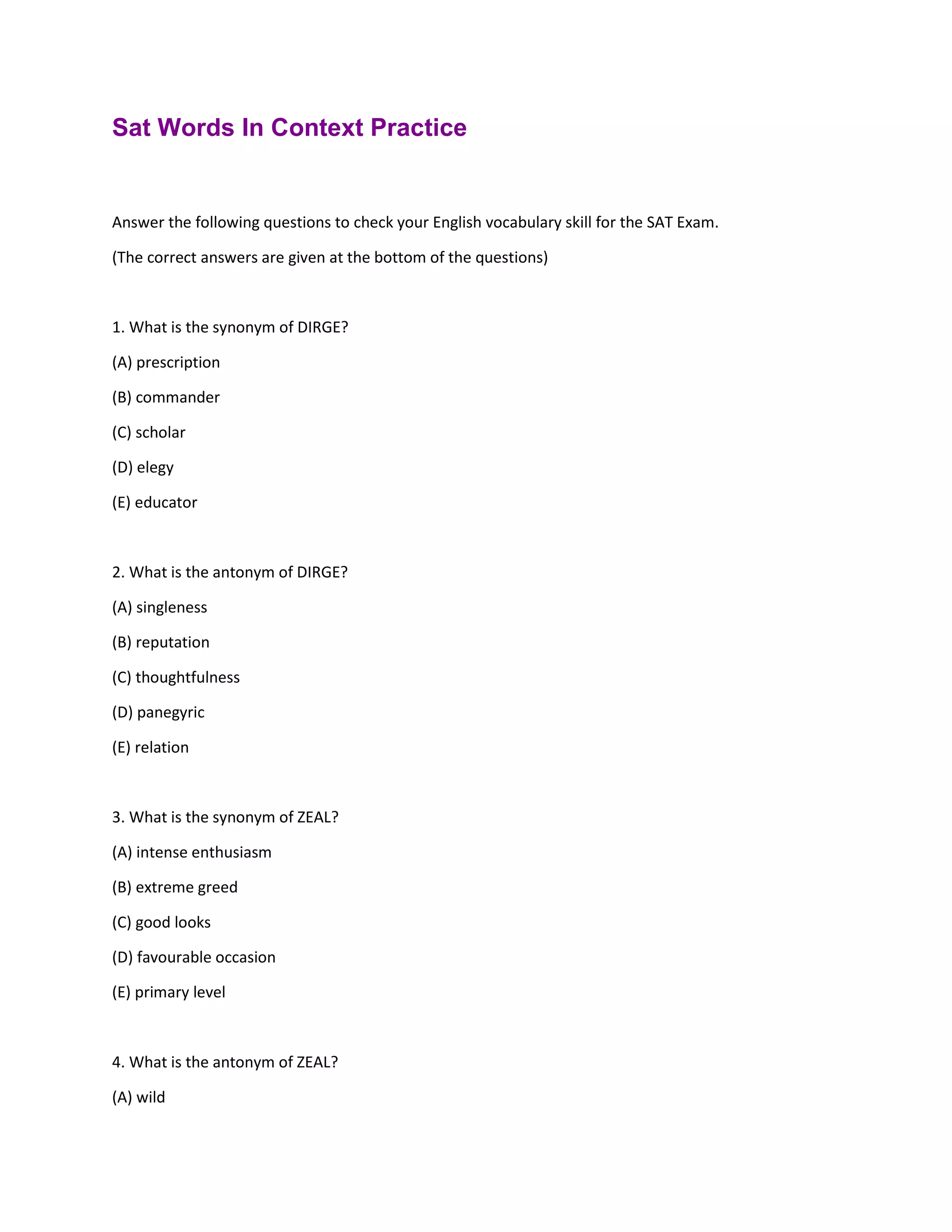 Sat Words In Context Practice | PDF