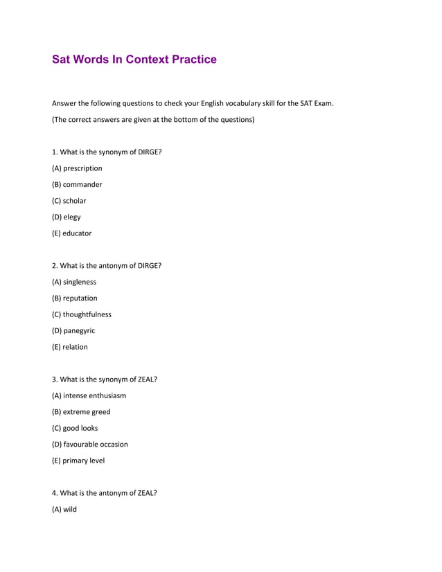 Sat Words In Context Practice | PDF