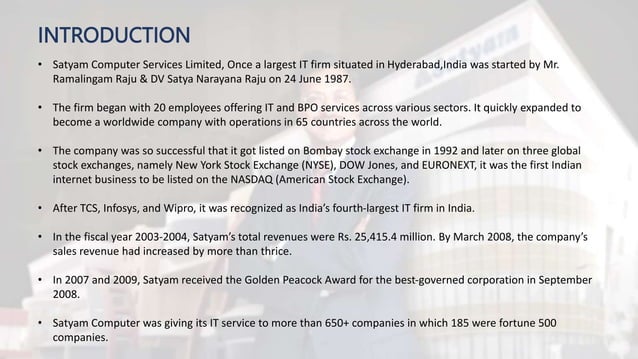 Satyam Computers Case Study 2022.pptx | Business Accounting & Finance | Business