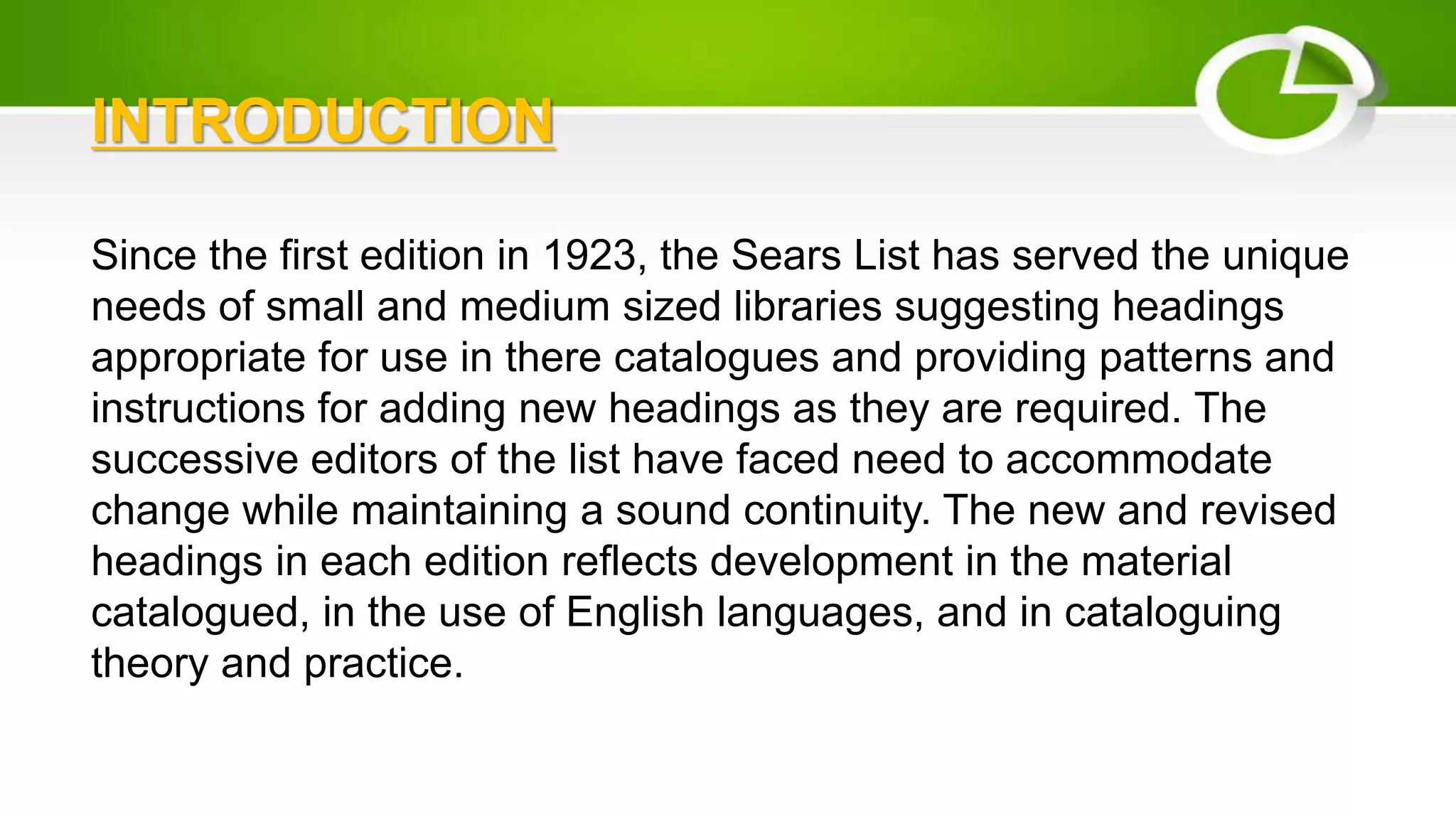 SEARS LIST OF SUBJECT HEADING ppt | PPTX