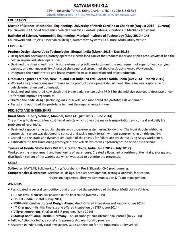 Satyam Shukla - Resume | PDF | Automotive Industry | Industries