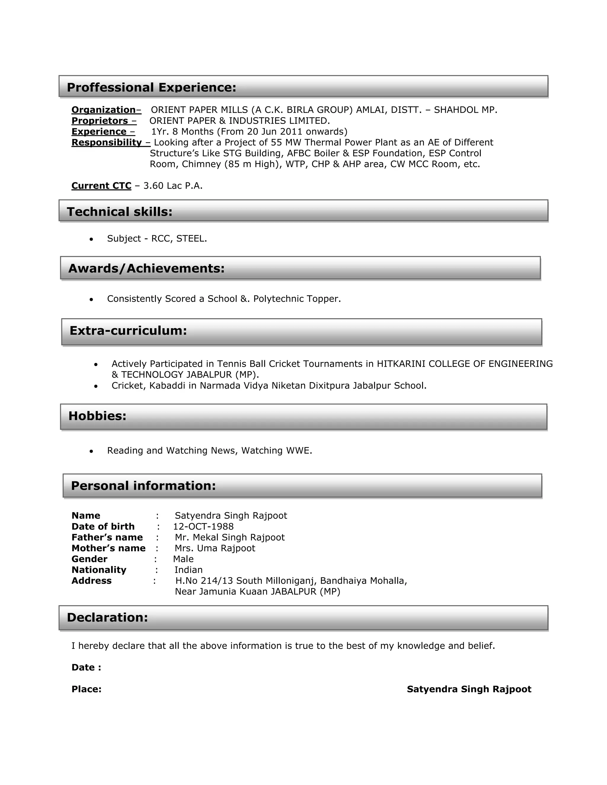 Satyendra singh rajpoot resume | PDF