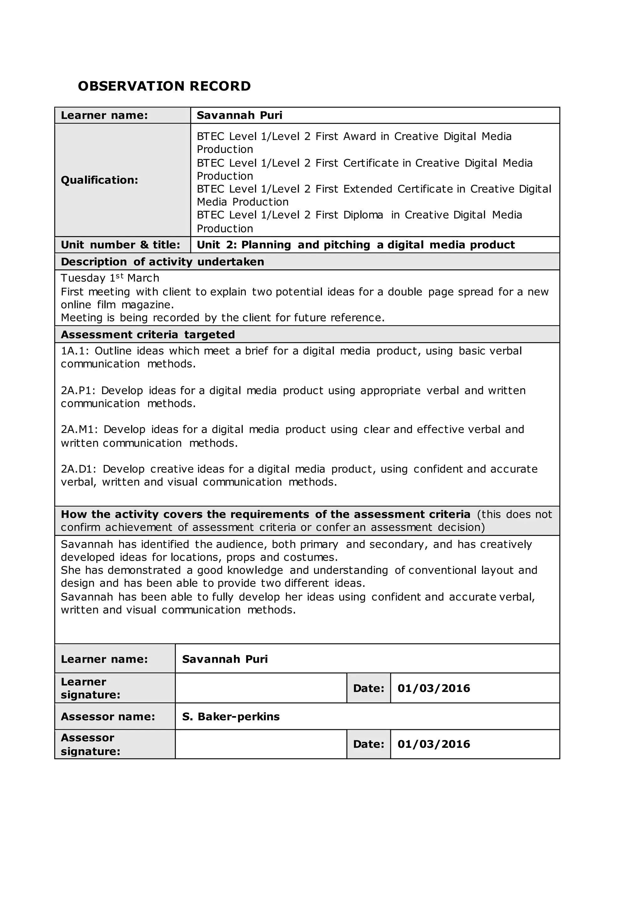 Savannah 1 st meeting observation record | DOCX