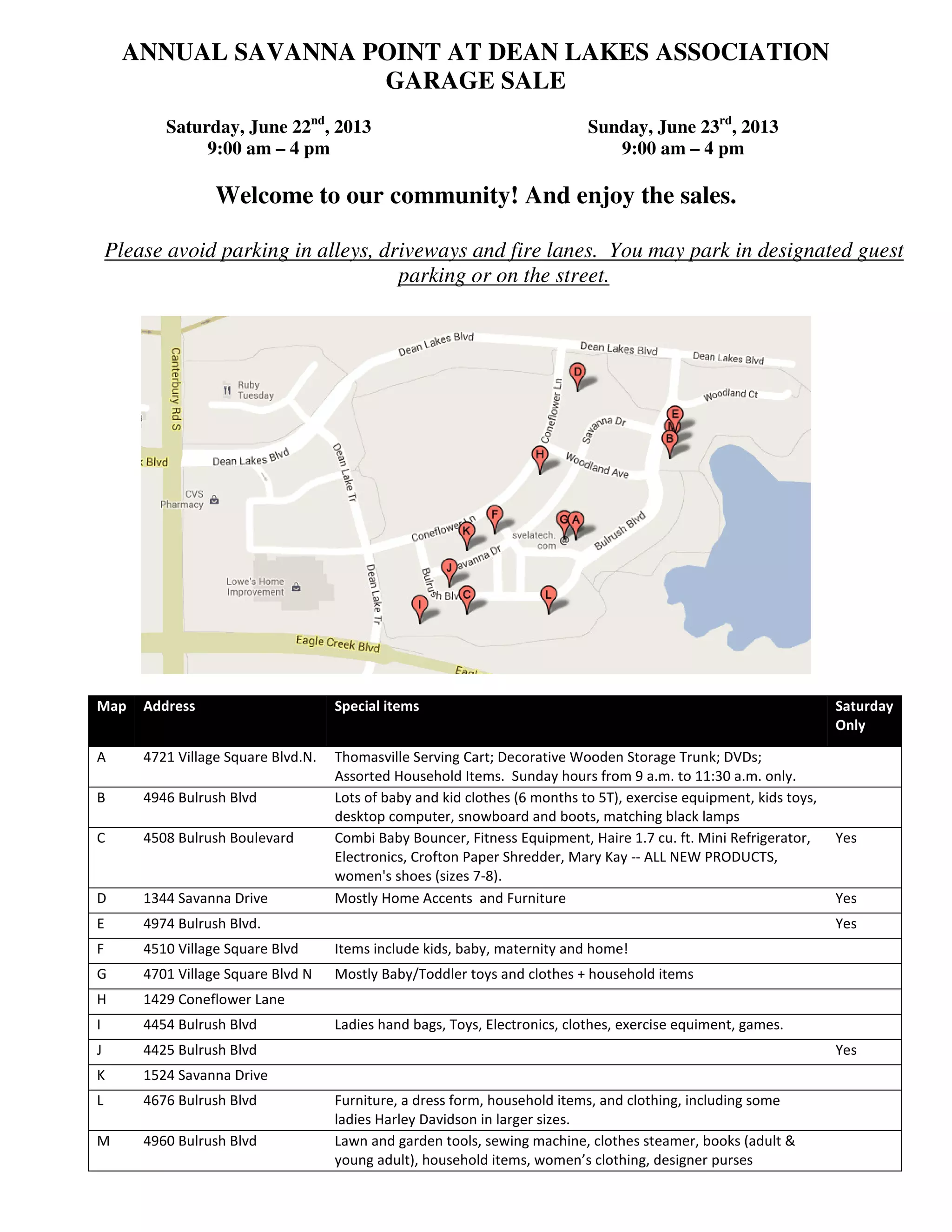 Savanna Pointe 2013 Garage Sale Map | PDF
