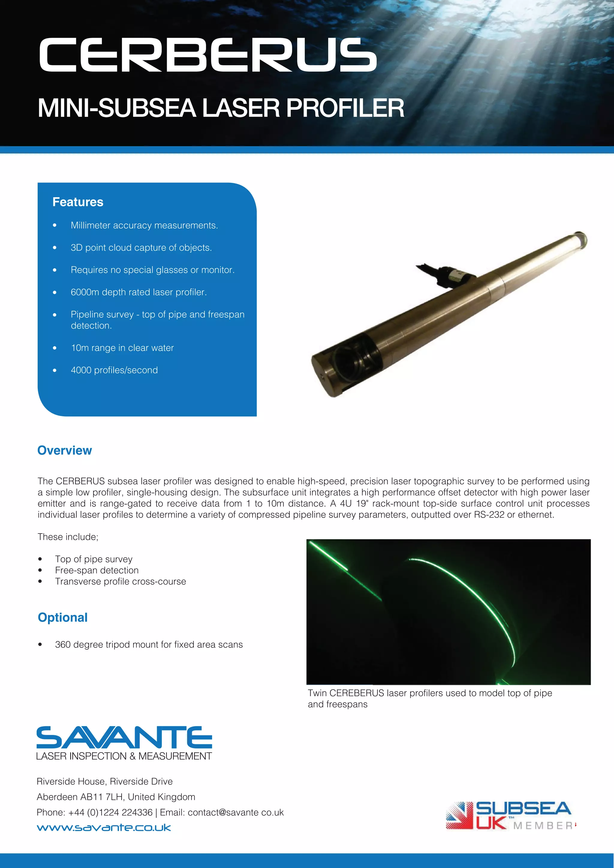 Savante Subsea and Underwater Lasers: Cerberus 3D pipeline scanner ...