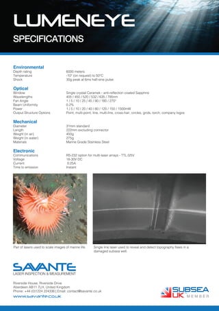Savante Subsea and Underwater Lasers: Lumeneye specification sheet | PDF