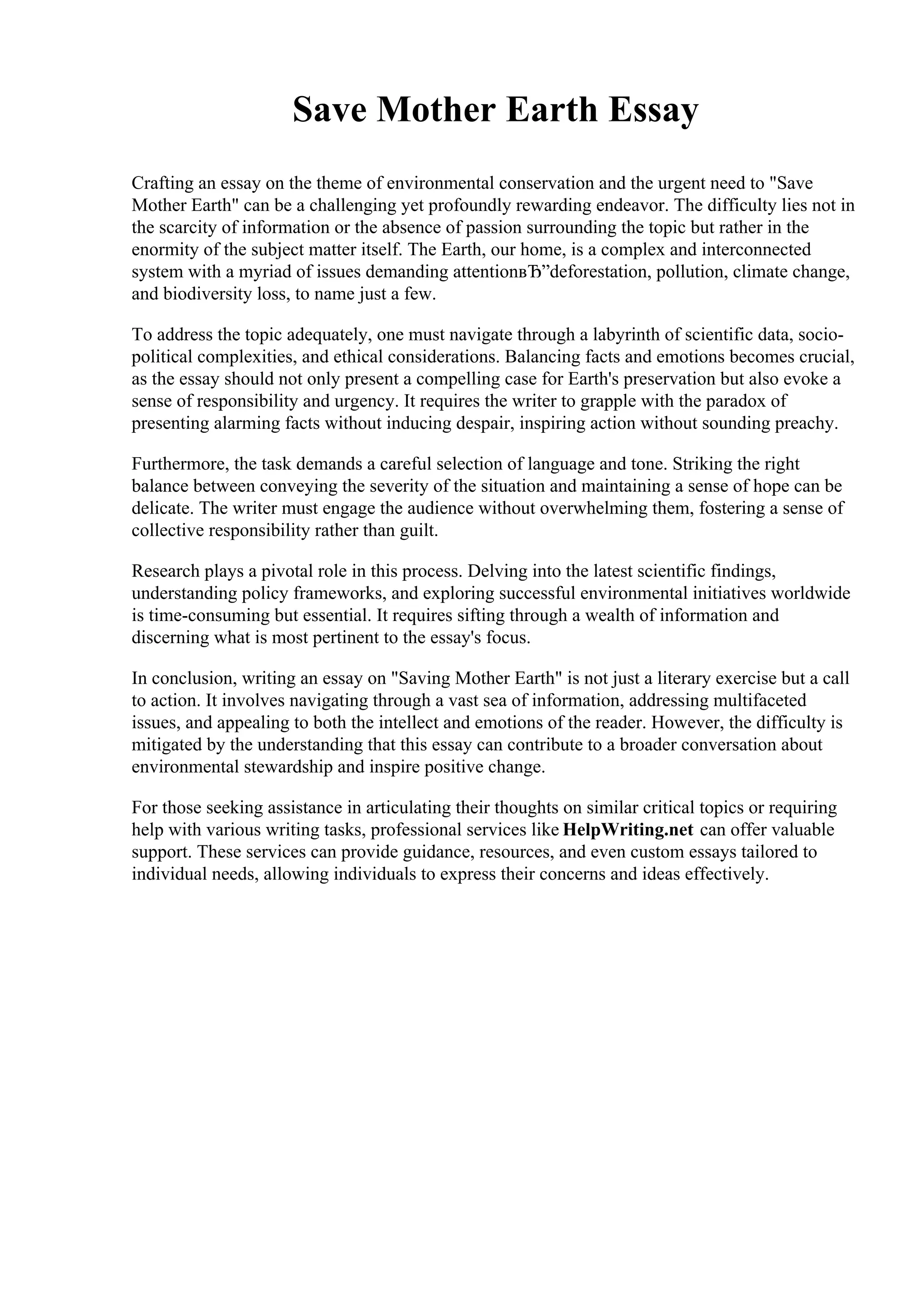 Save Mother Earth Essay | PDF