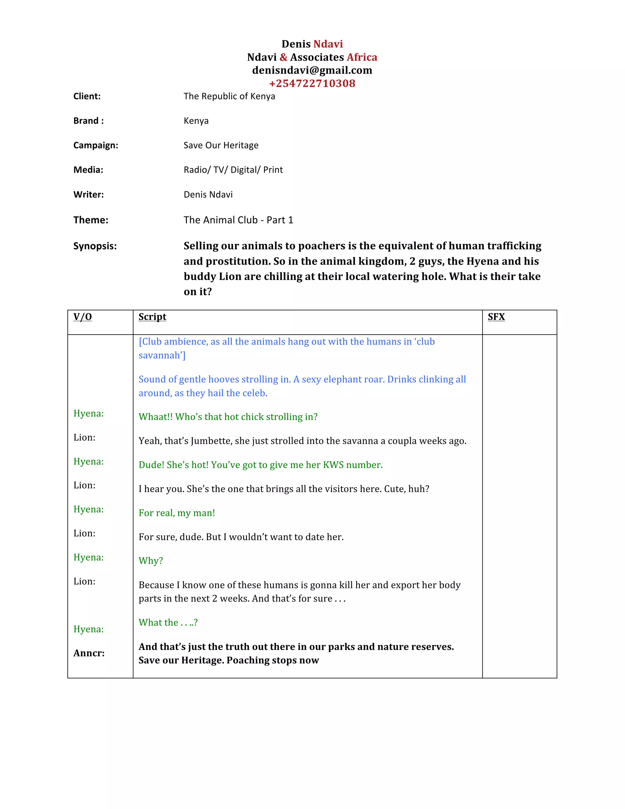 Save our heritage - stopping poaching in Kenya - Ndavi Script 1 | PDF