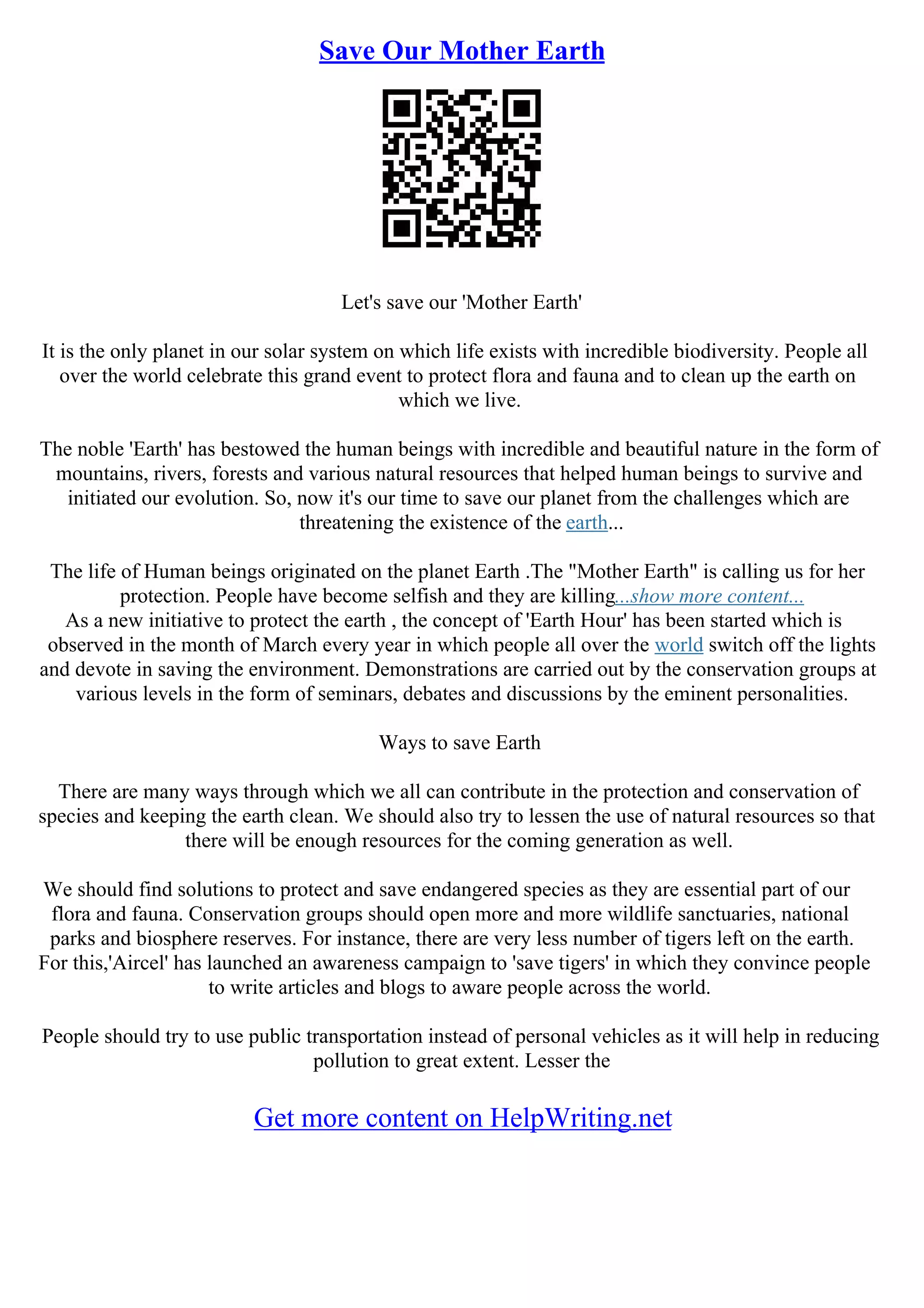 Save Planet Earth Essay | PDF