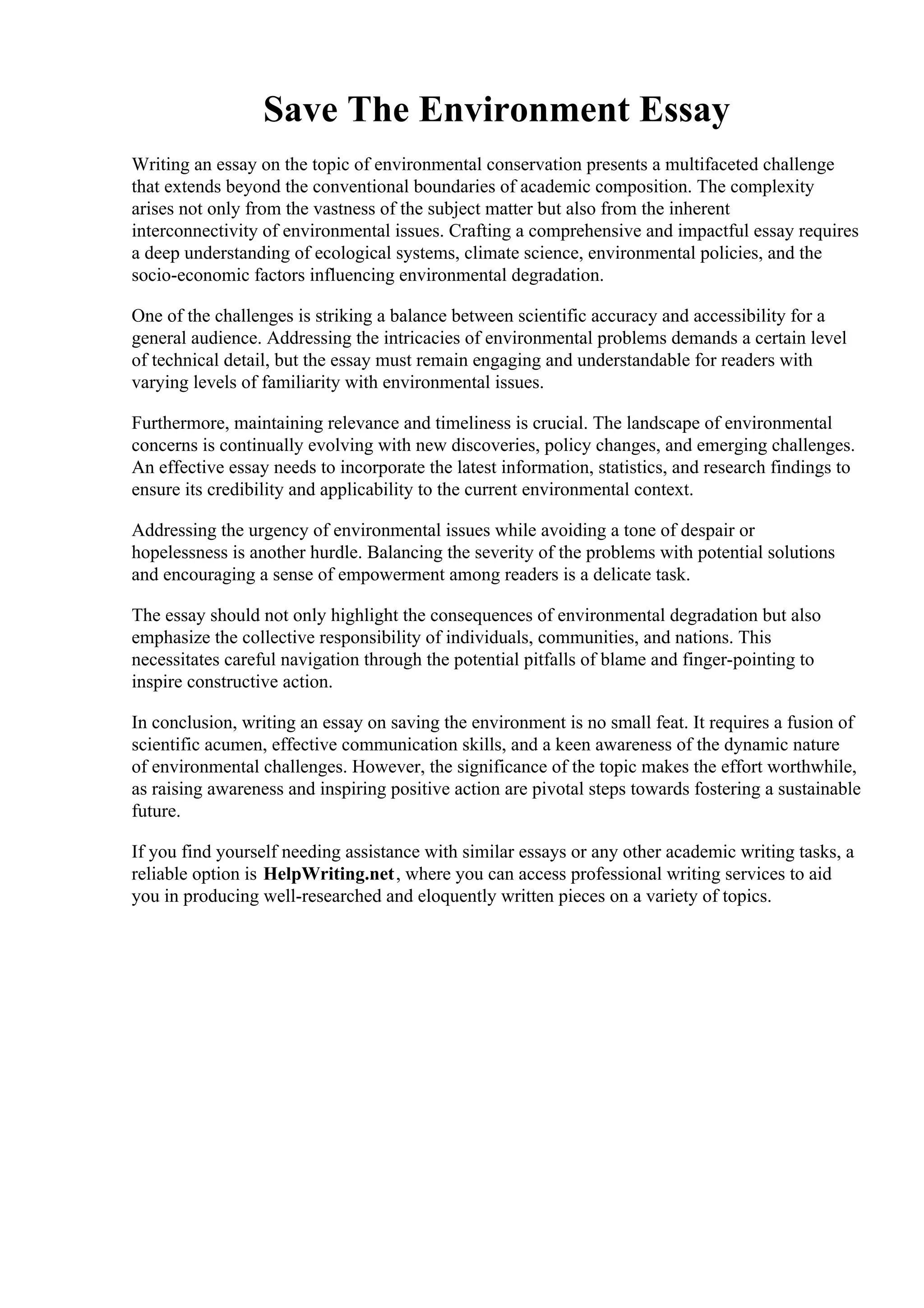 Save The Environment Essay. . How to protect the environment essay ...