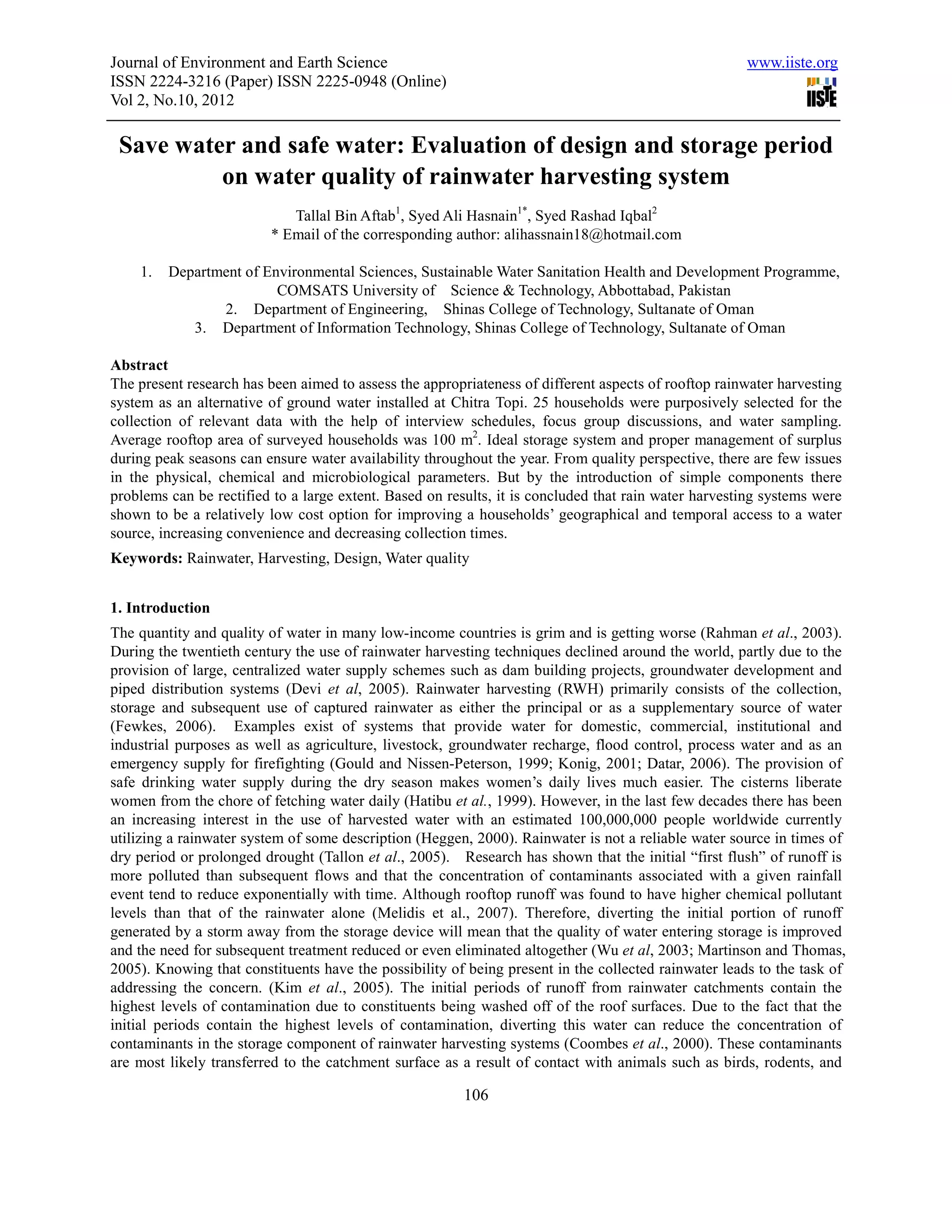 Save water and safe water evaluation of design and storage period on ...