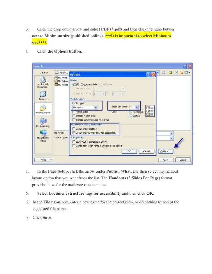 Saving power point slide shows as pdf handouts