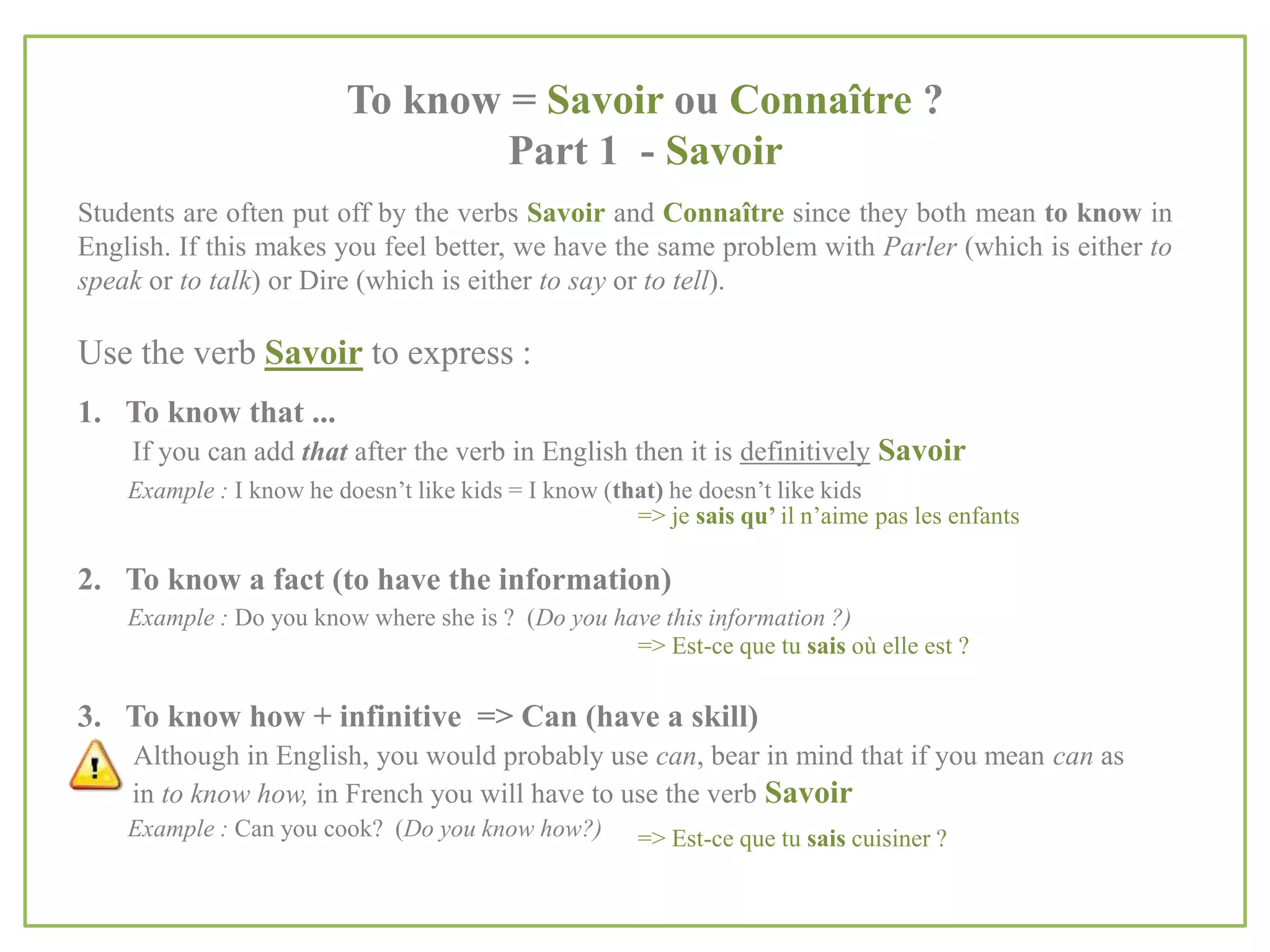 To know = Savoir ou Connaitre - Part 1 | PPSX