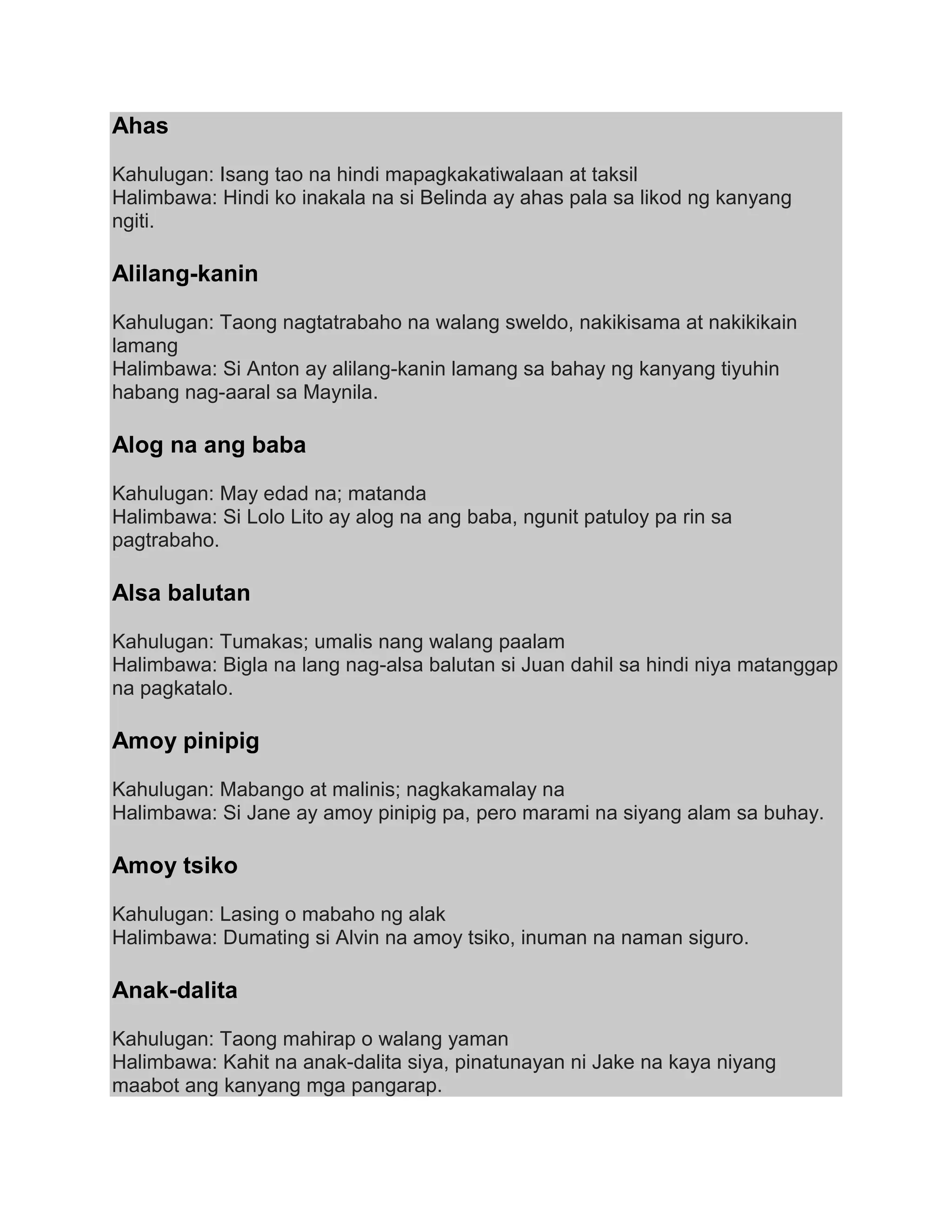 mga halimbawa ng sawikain para sa lahat ng antas | DOCX